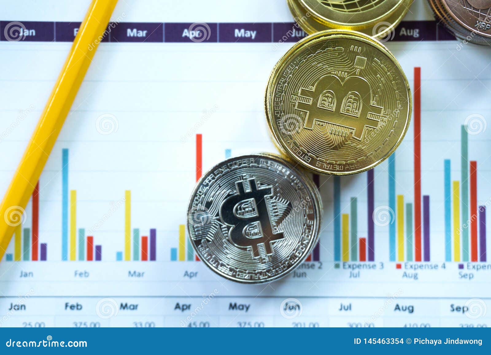 Top View, Bitcoin are Stacked on Business Graphs Stock Photo - Image of ...