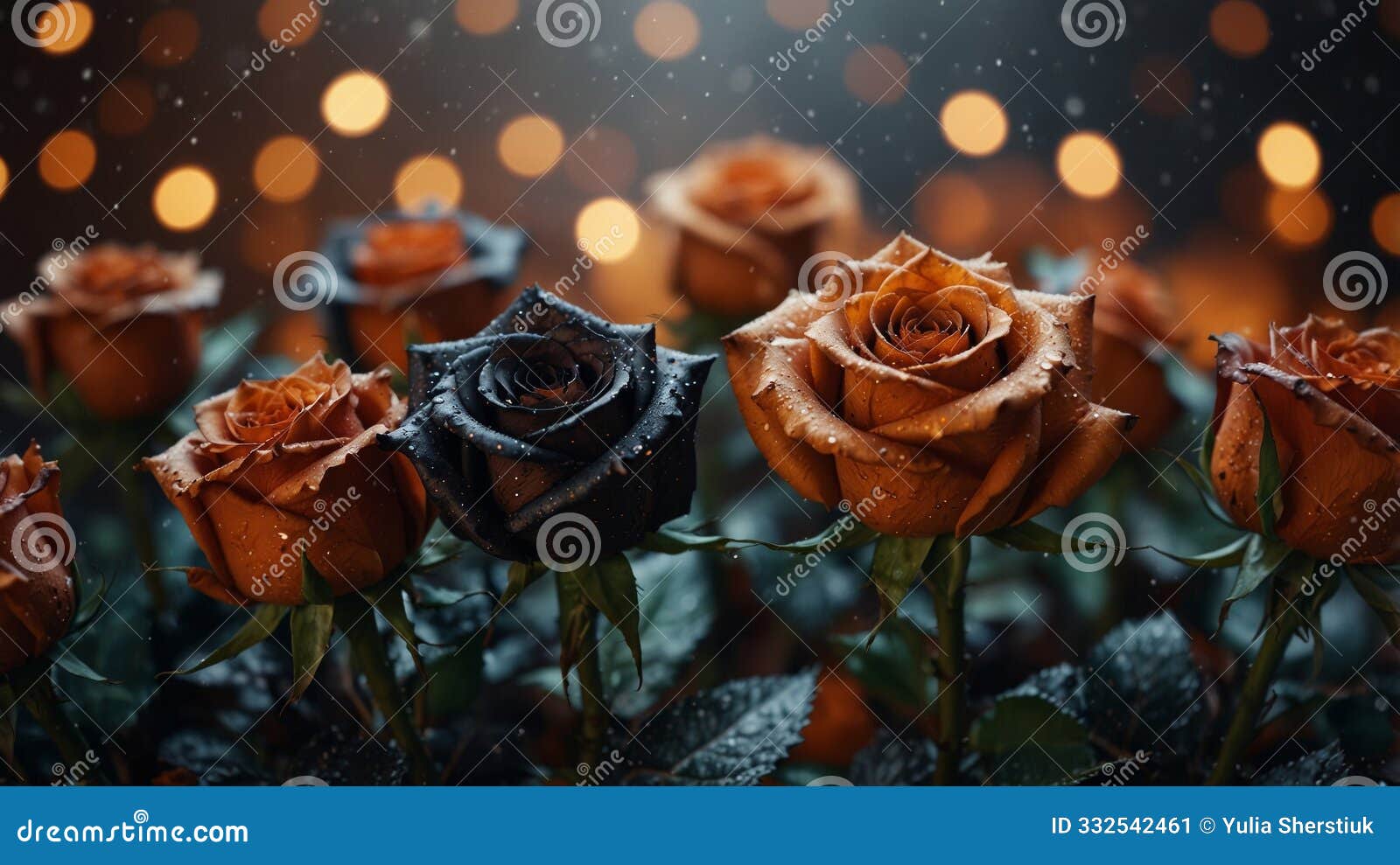 Top View Black Roses Covered with Orange Glitter Background. Stock ...