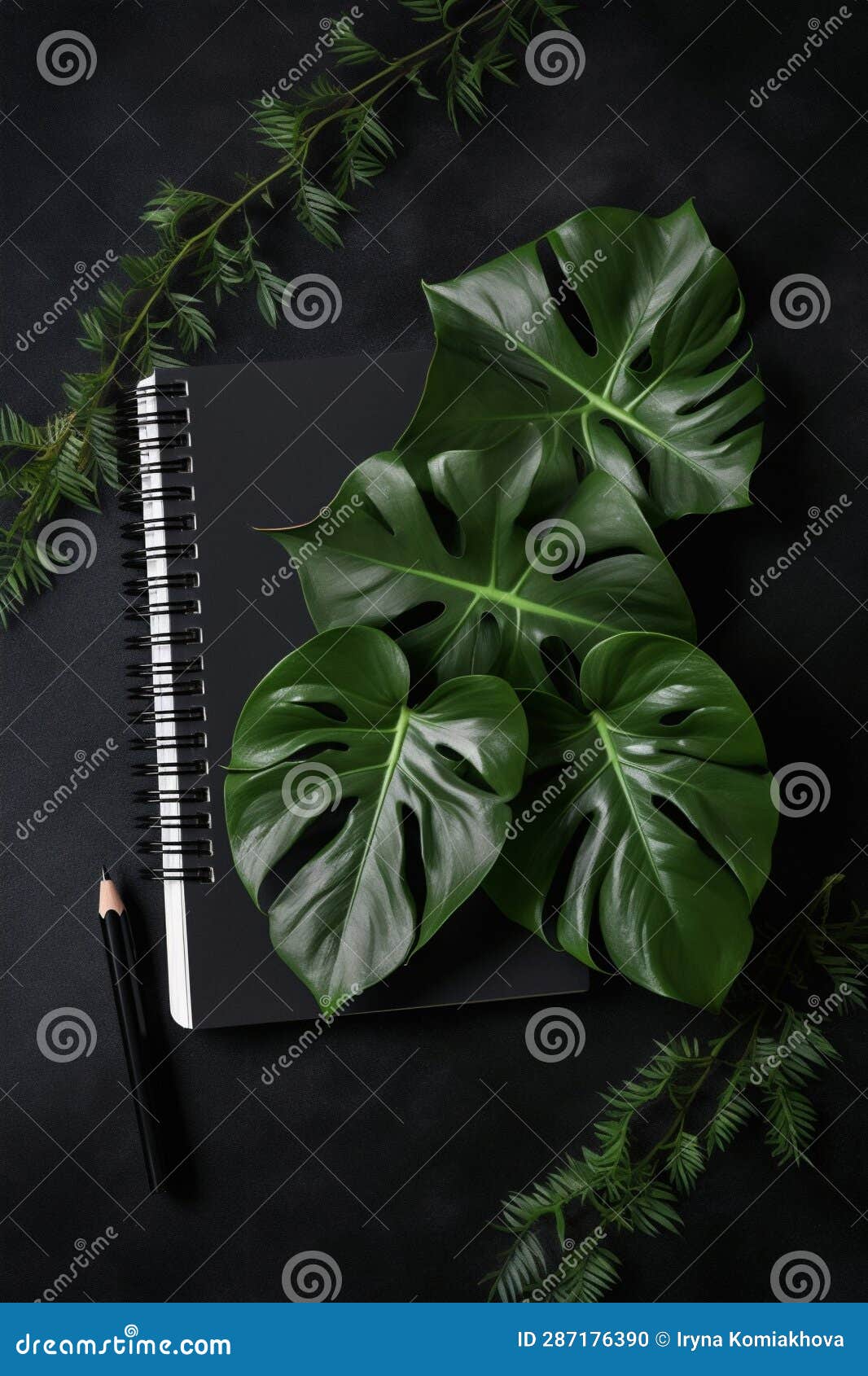 Top View of Black Table Top with Black Notepad with Monstera Leaves ...