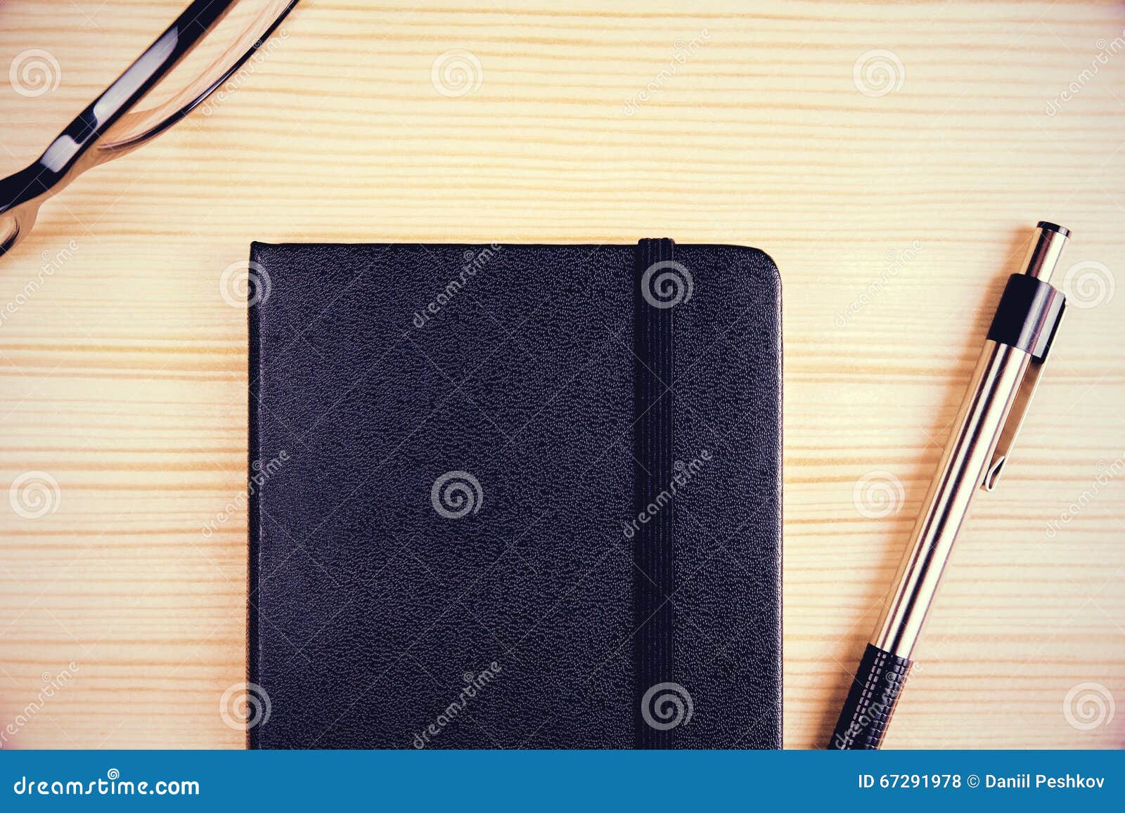 Top View on Blank Black Diary with Pen and Eyeglasses Stock ...
