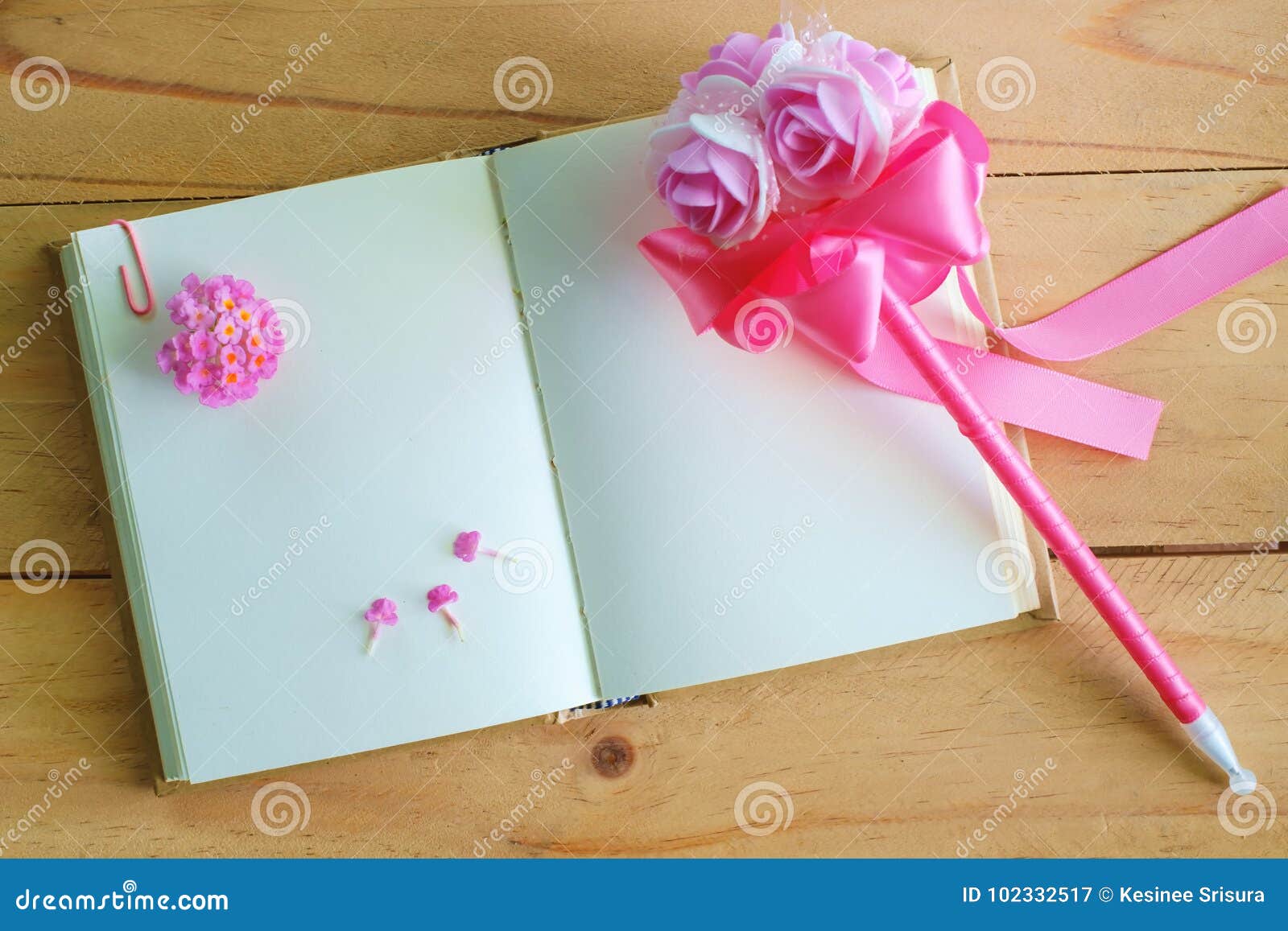Blank Diary Notebook and Pink Flower on Wooden Table Stock Image ...