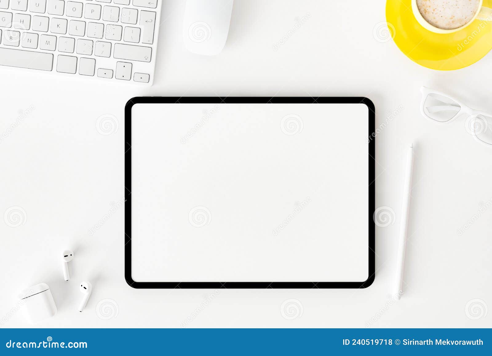 Top View of Blank Screen Tablet on White Working Desk Stock Photo ...