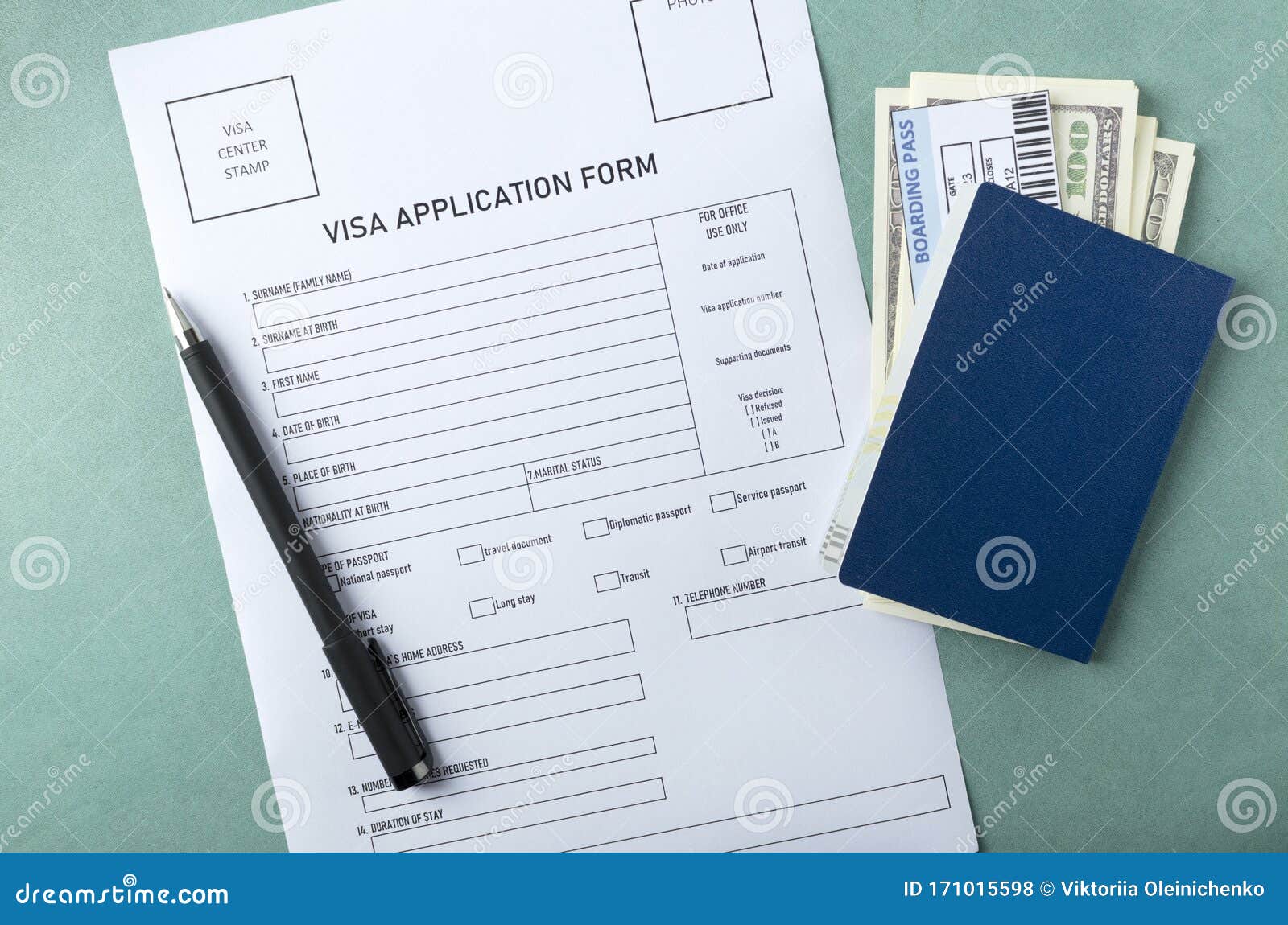 Top View Of Blank Visa Form, Pen, Passport With Money And Ticket On The ...