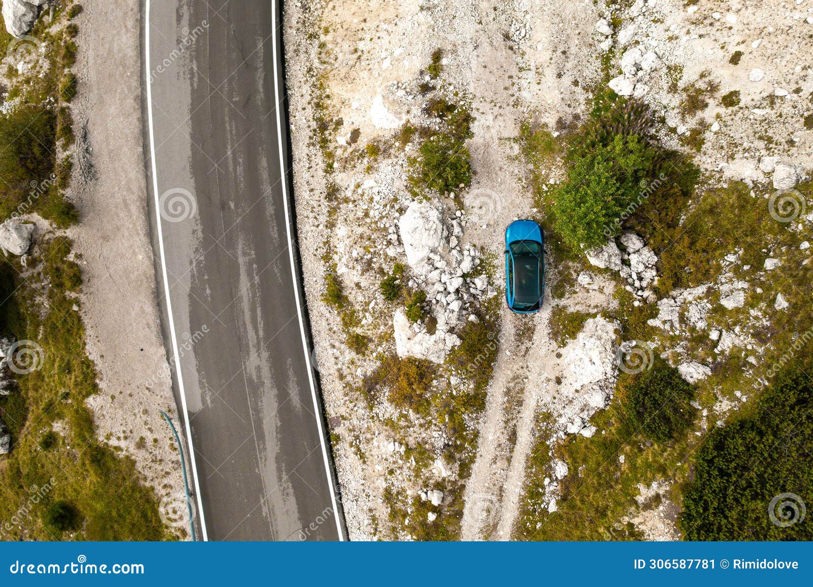 Top of View of Blue Car Standing on the Side of a Mountain Road Stock ...