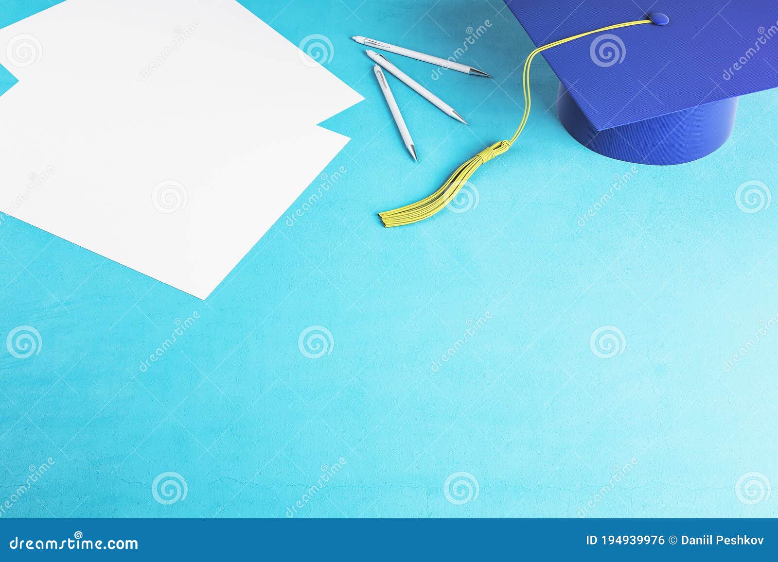 Top View of Blue Graduation Cap and Paper Stock Illustration ...