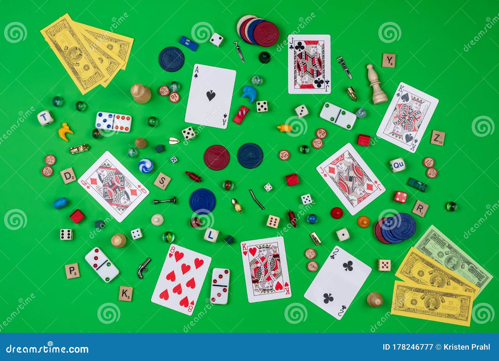 Top View of Board Game Pieces on Green Background Stock Image - Image ...