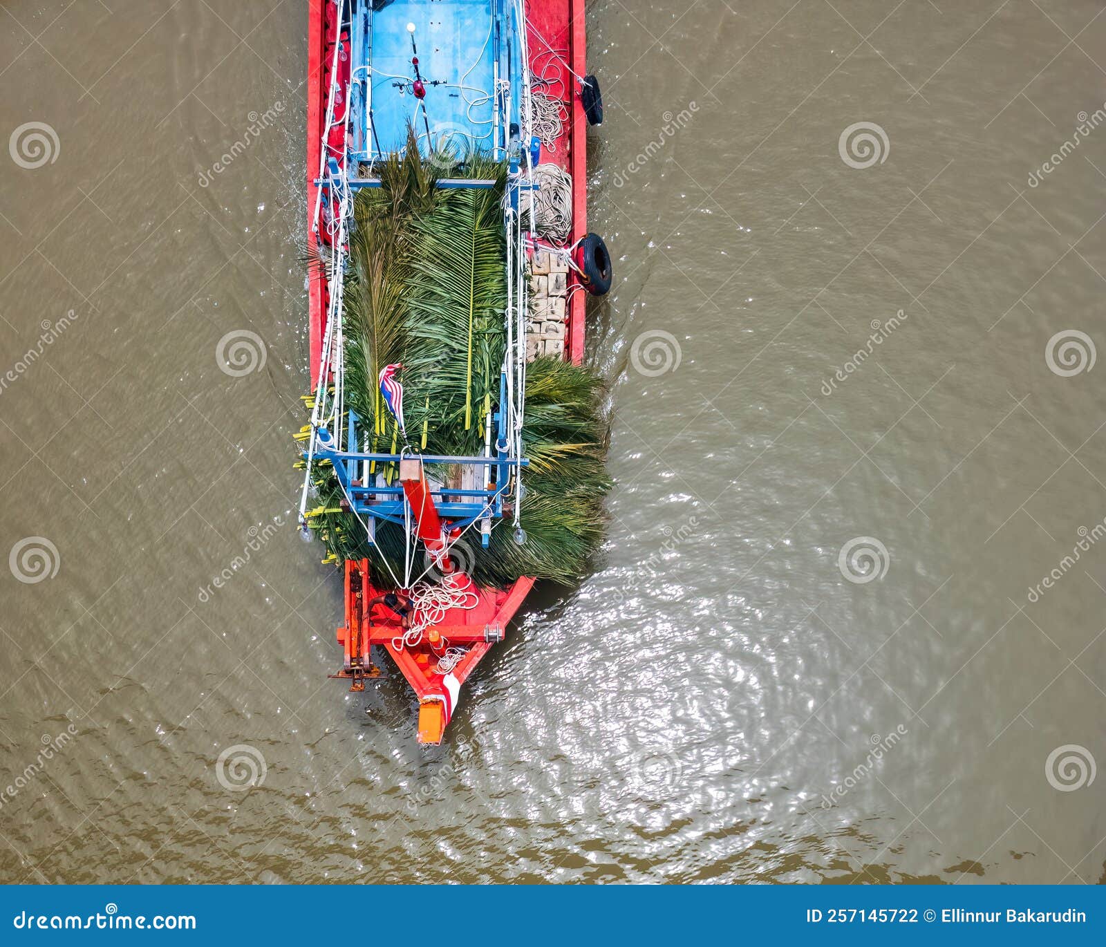 Top View of a Boat Moving with Leaves on the River. View from the ...