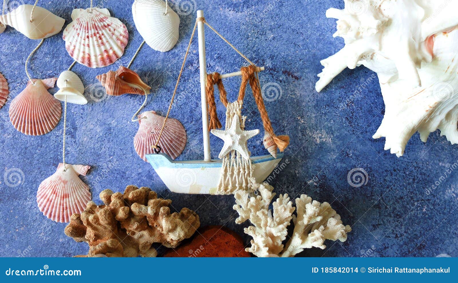 Top View Boat with Seashell, Conch Shell on Blue Background, Stock ...