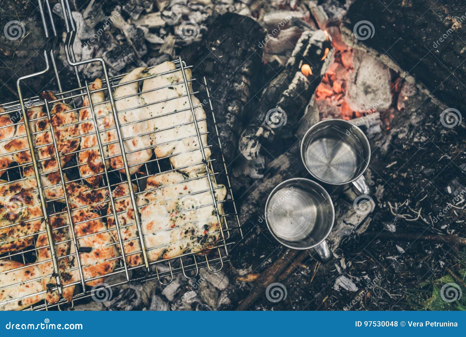 Top View on Bonfire with Chicken Meat Stock Photo - Image of metal ...