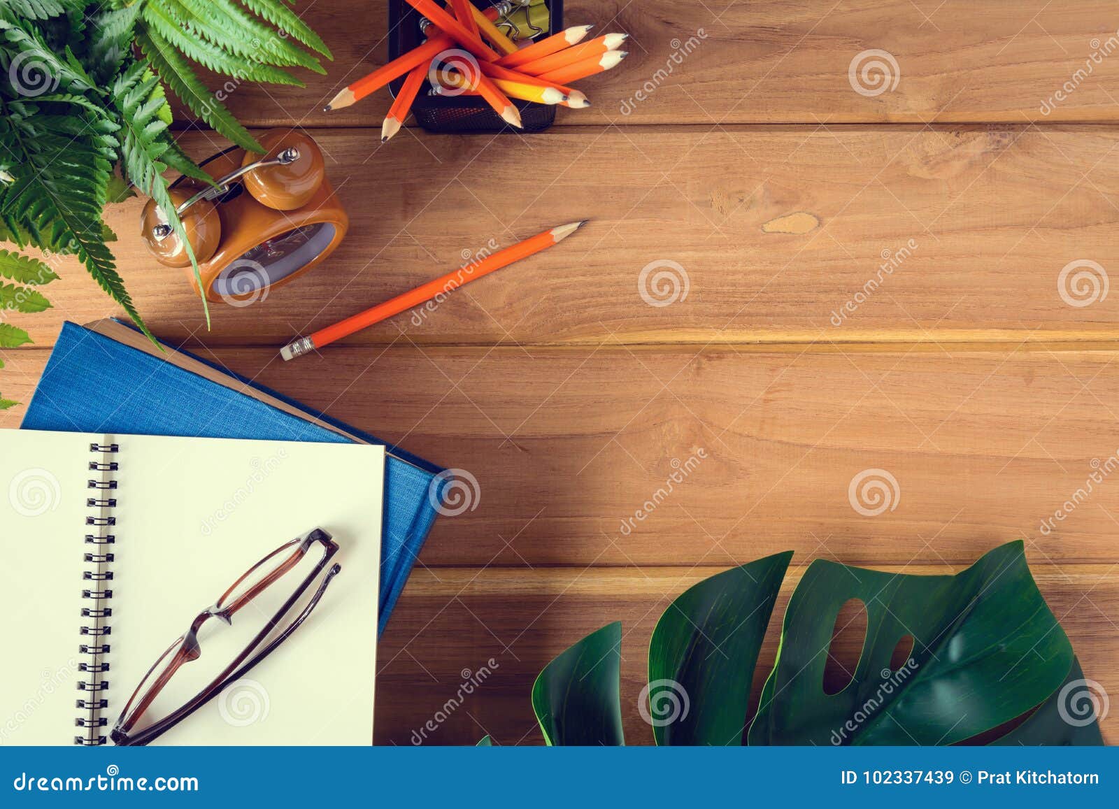 Top View Book and Pencil Note on Wood Table Stock Image - Image of ...