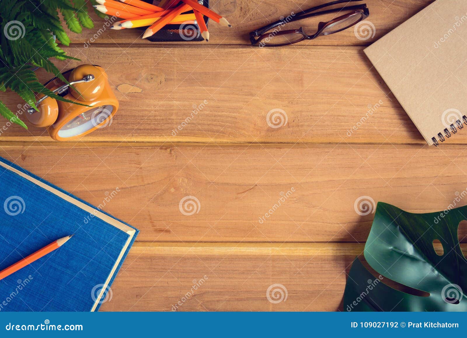 Top View Book and Pencil Note on Wood Table Stock Photo - Image of ...