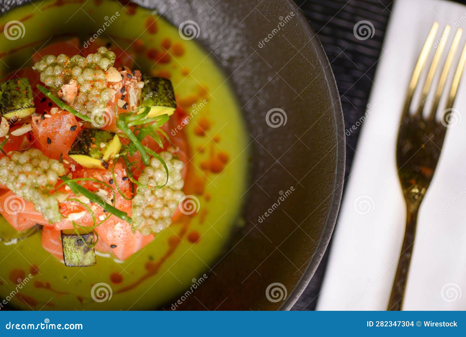 Top View of a Bowl of Peruvian Ceviche Salmon. Stock Photo - Image of ...
