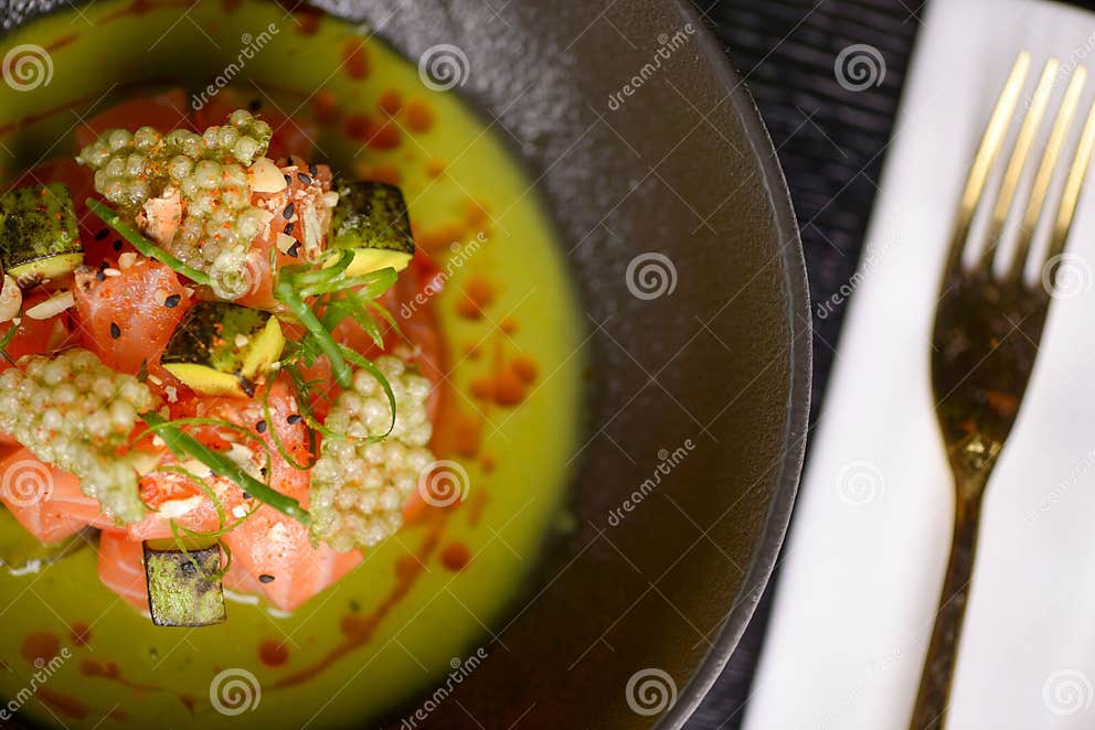 Top View of a Bowl of Peruvian Ceviche Salmon. Stock Photo - Image of ...