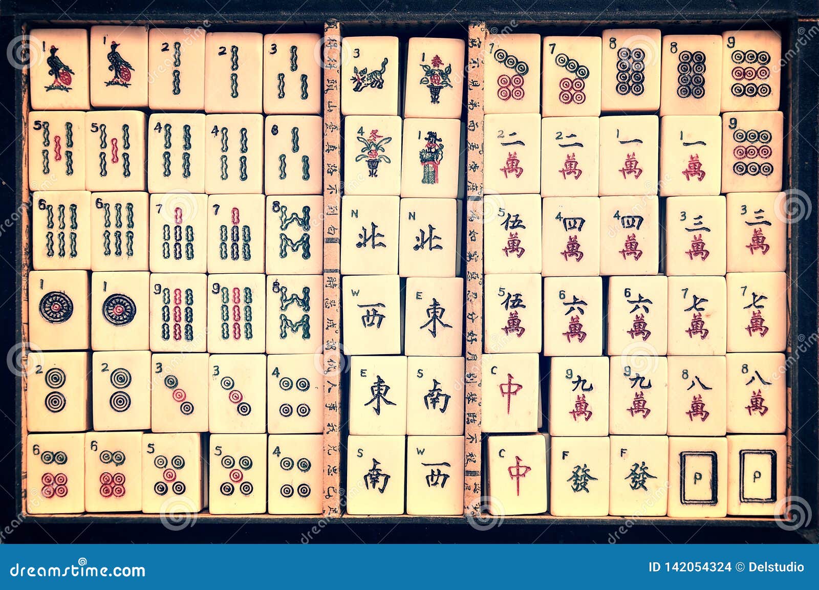 Top View of a Box of Antique Mahjong Tiles Stock Photo - Image of play ...