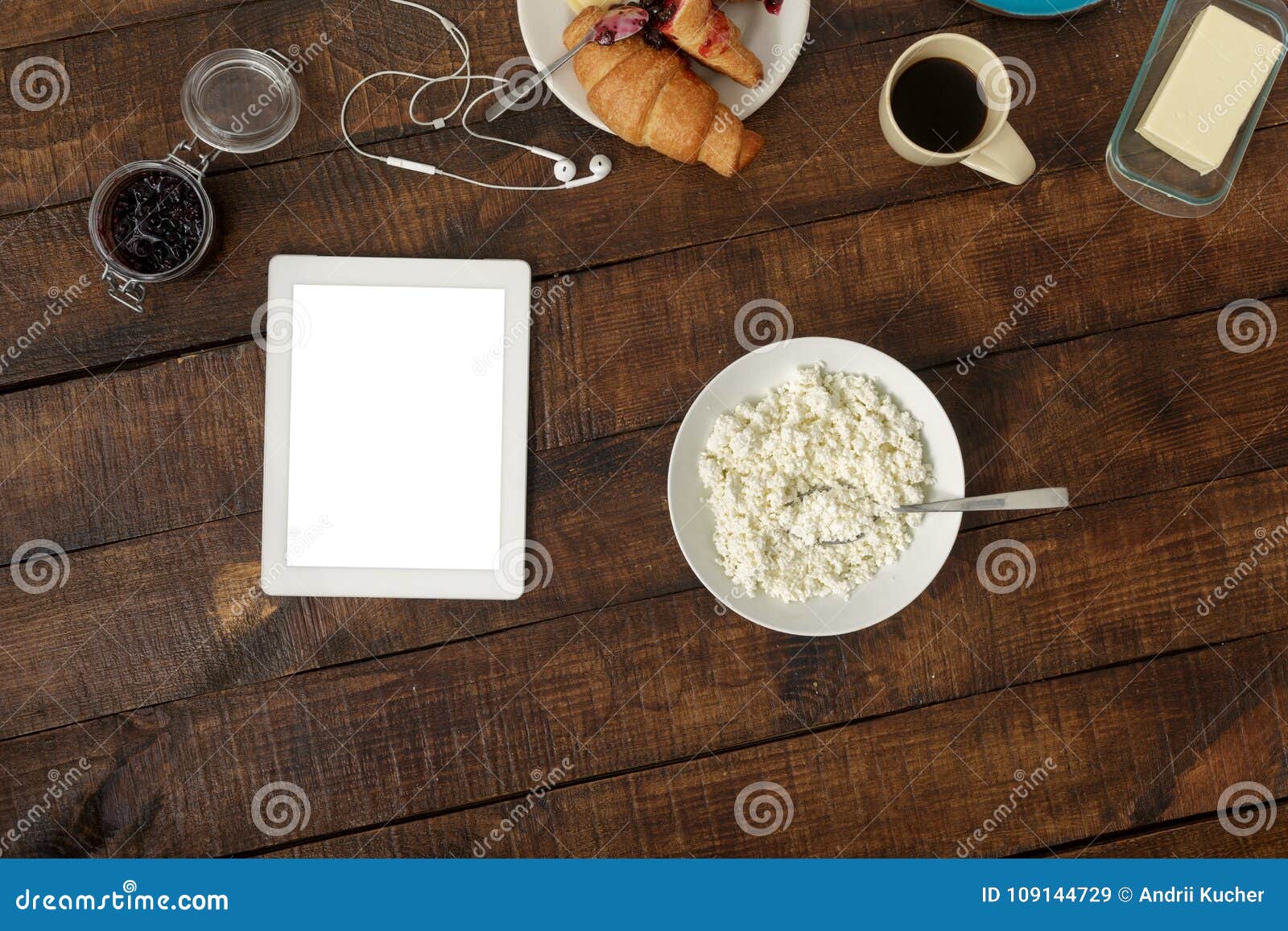 Top View Breakfast Table. Wablet in Home Kitchen with Breakfast Stock ...