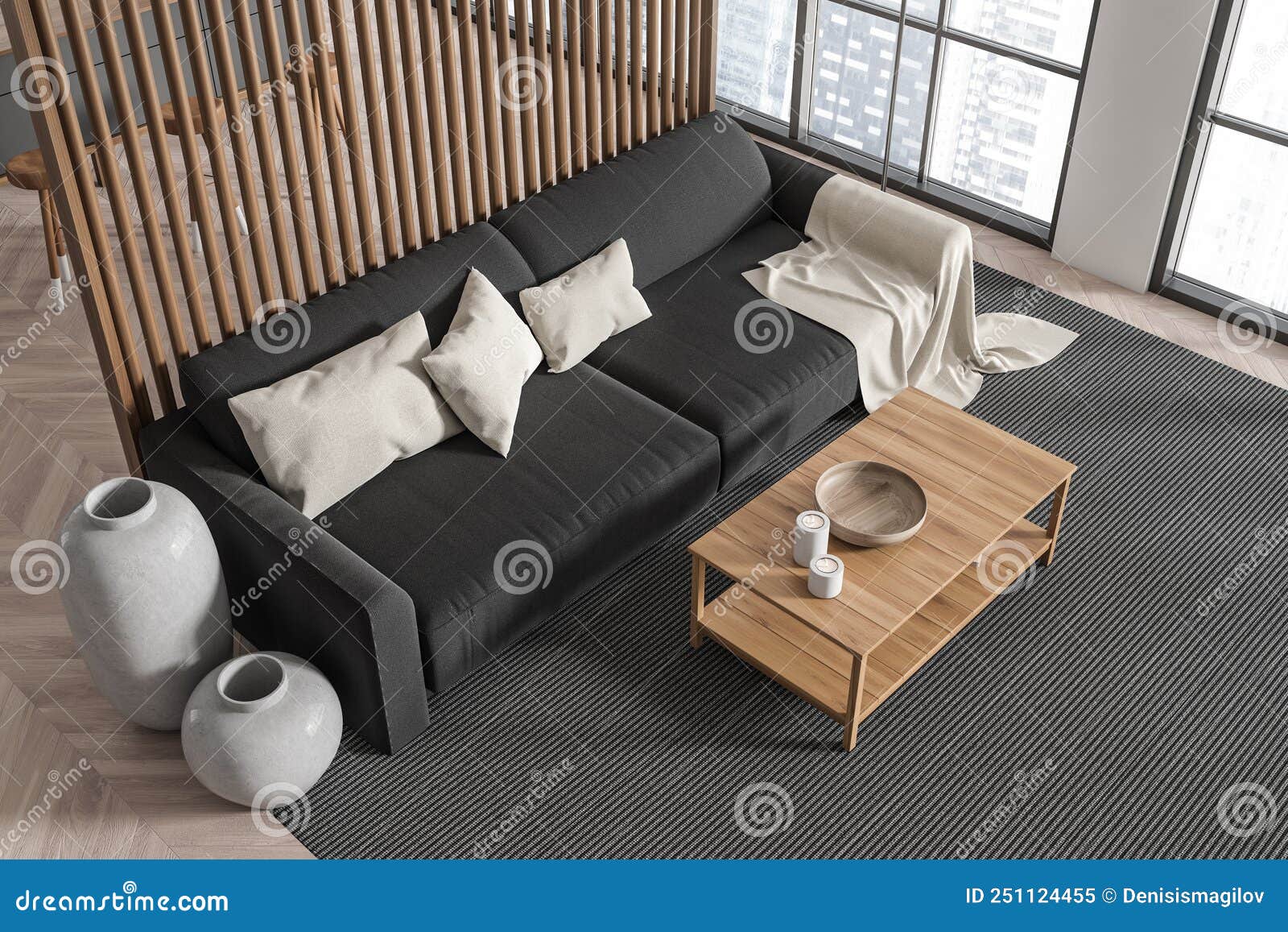 Top View on Bright Studio Room Interior with Sofa, Barstool Stock ...