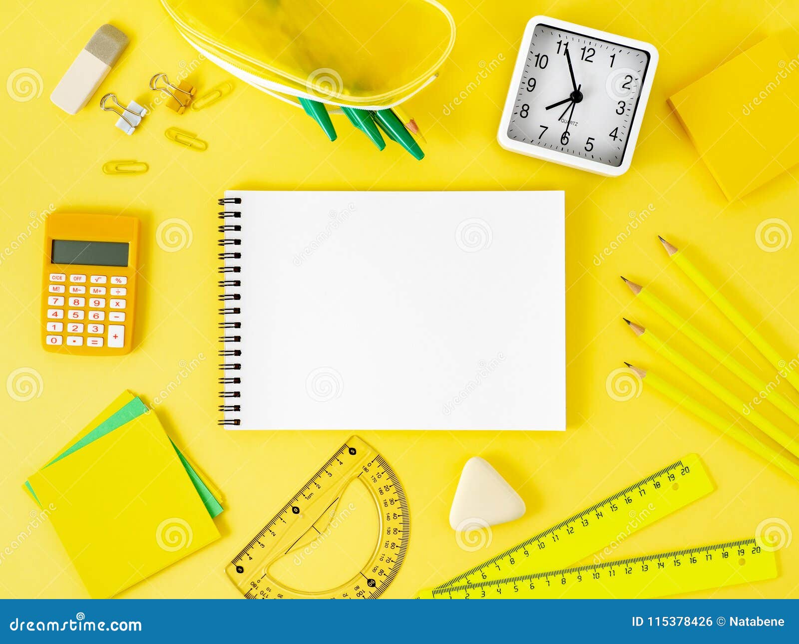 Top View of Bright Yellow Office Desktop with Blank Notepad, Sch Stock ...