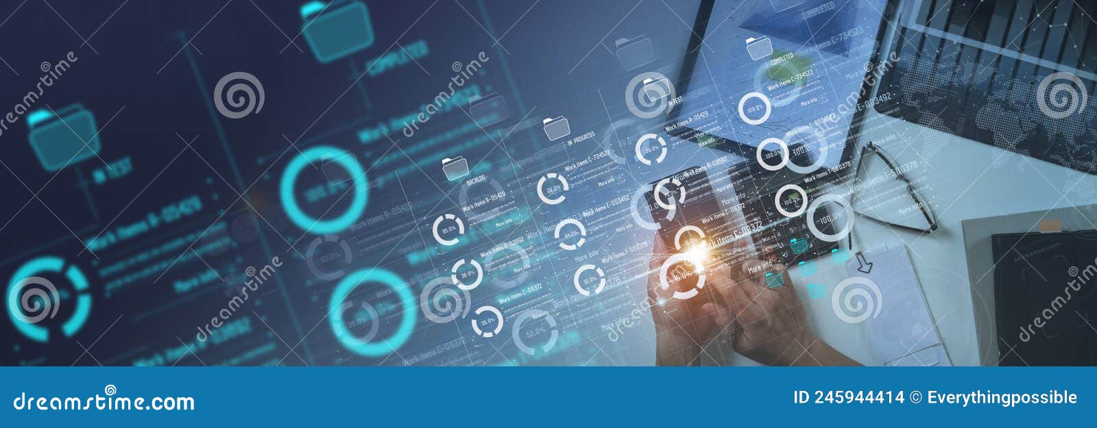 Top View Business Developer Hand Using Kanban Board Framework on Virtual Modern Computer Showing ...