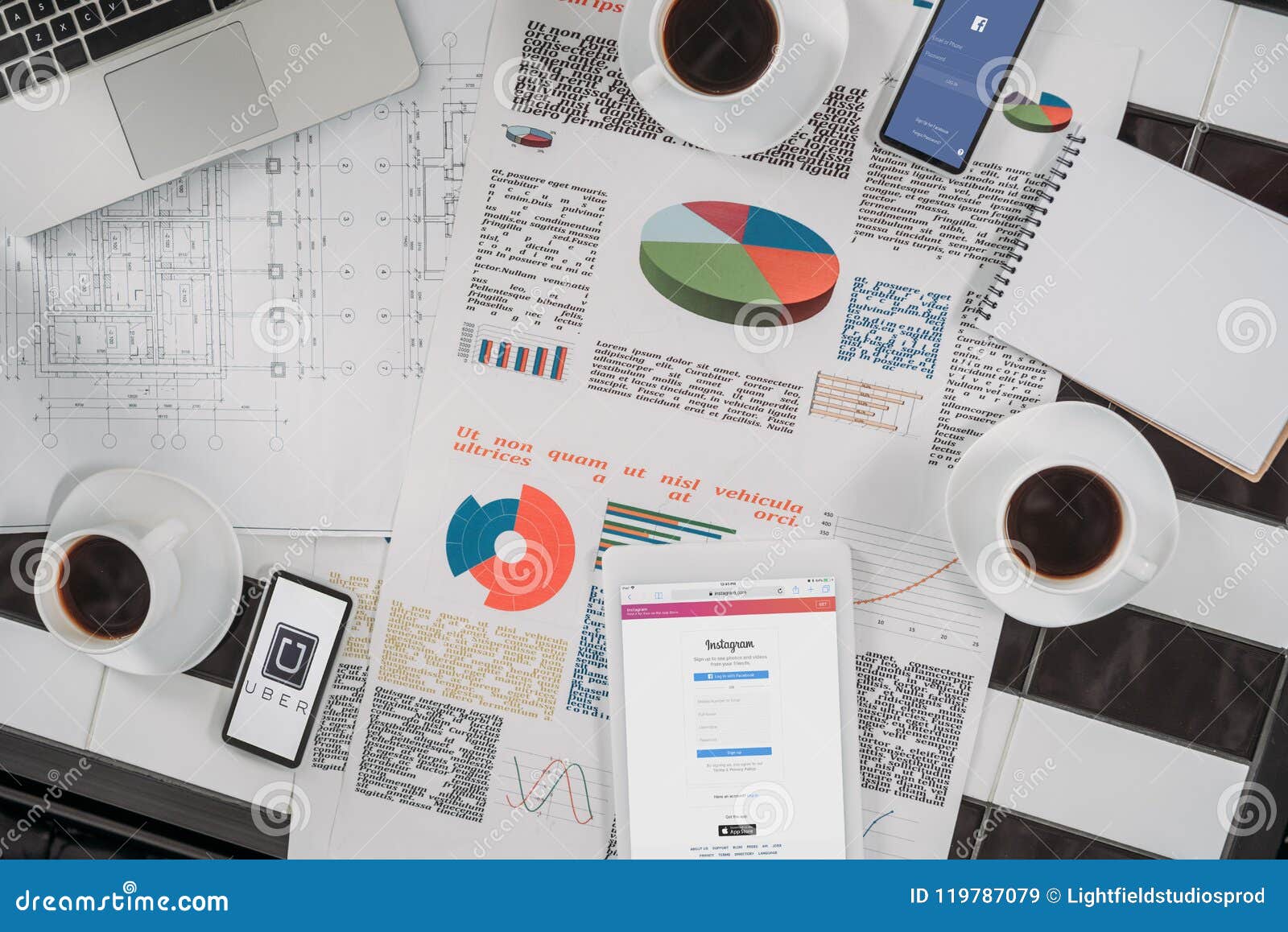Top View of Business Documents on Workplace with Digital Devices ...