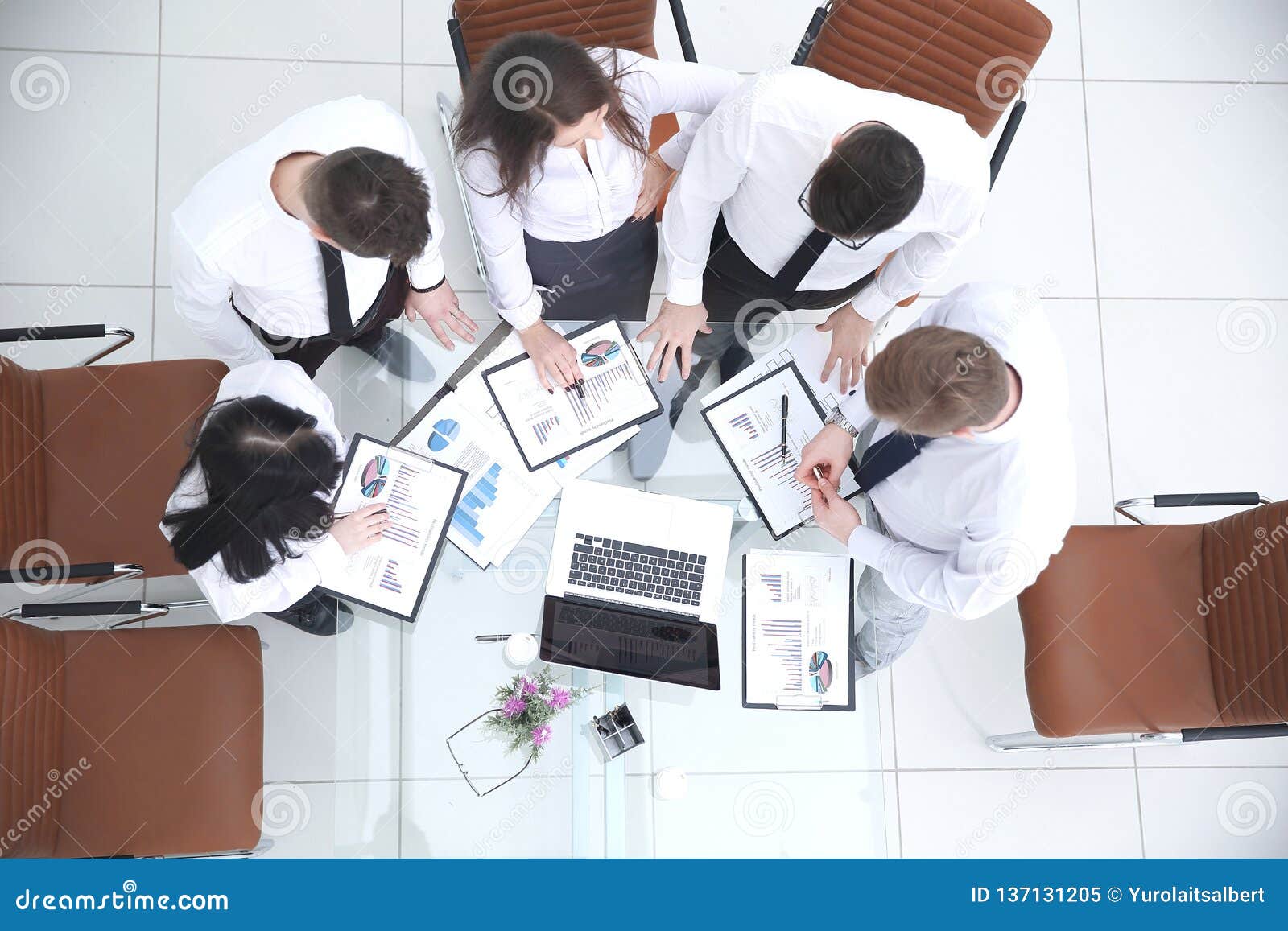 Top View. Business Team Standing Near the Desktop Stock Image - Image ...
