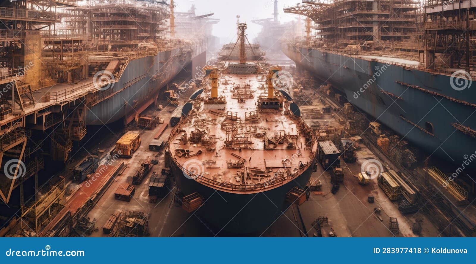 Top View of a Busy Shipbuilding Hangar, Skeletal Frames of Massive ...