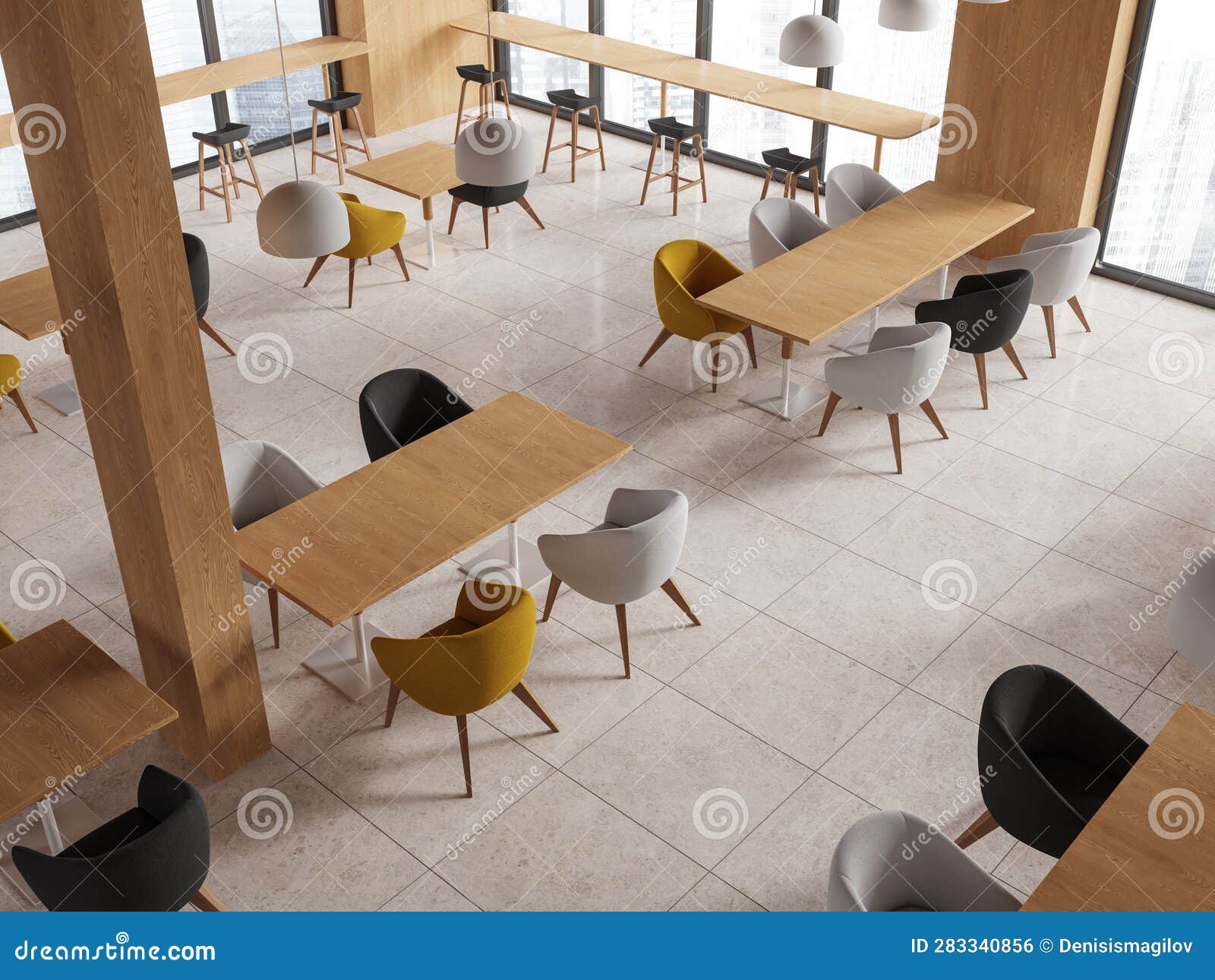 Top View of Cafe Interior with Seats and Table in Row, Eating Zone with ...