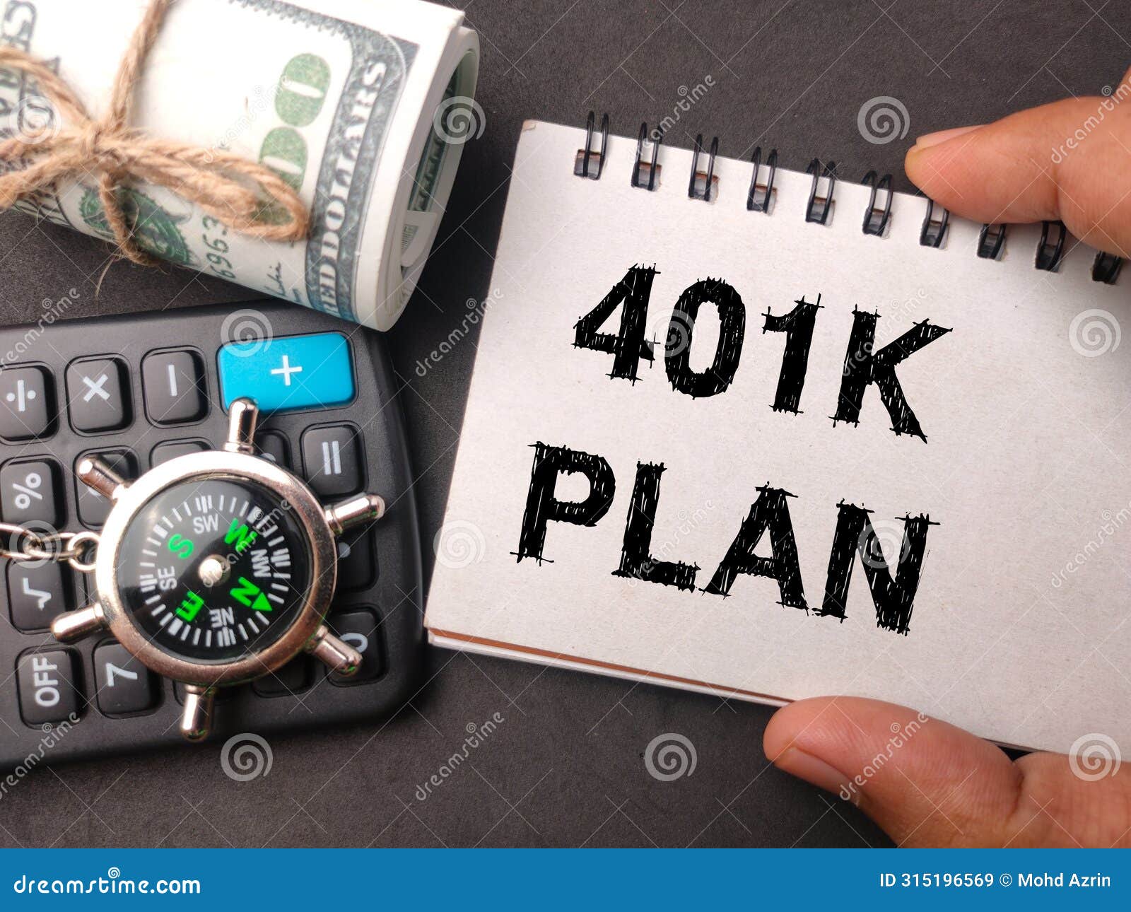 Top View Calculator,compass and Banknotes with Text 401K PLAN Stock ...