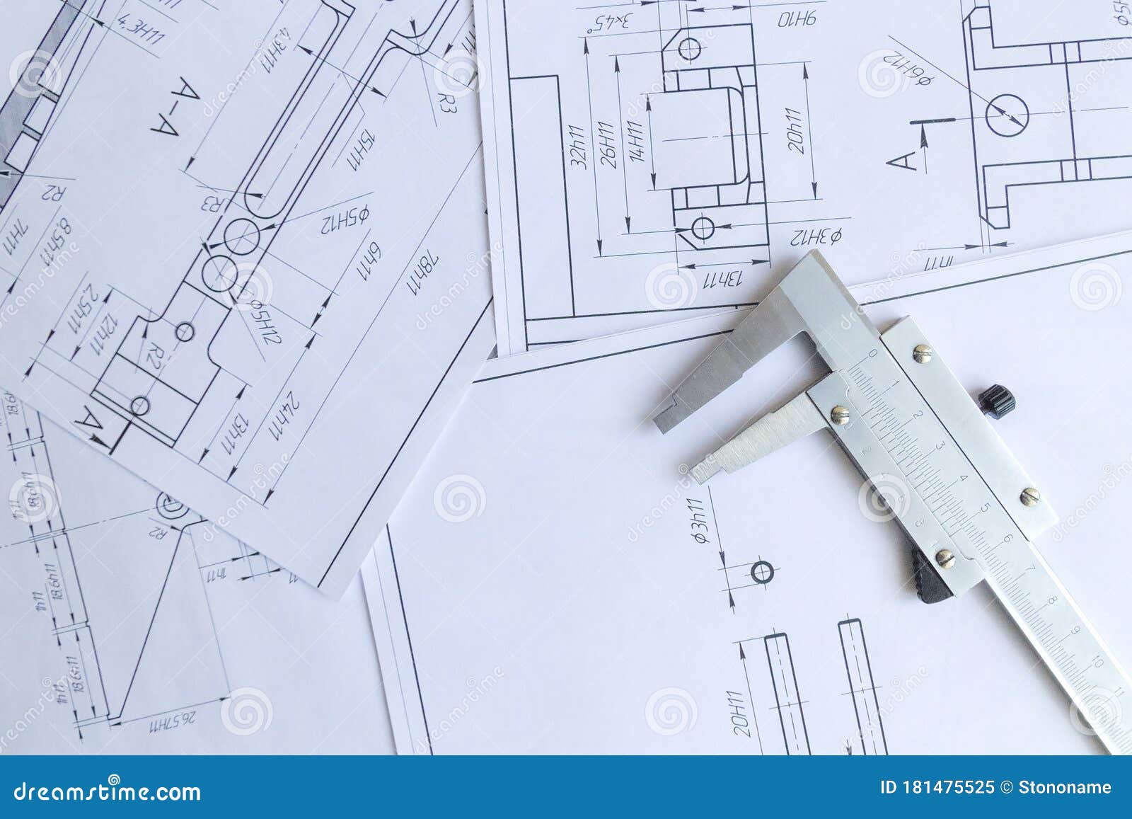 Top View of a Caliper Measuring Tool, Ruler and Detail Drawings ...