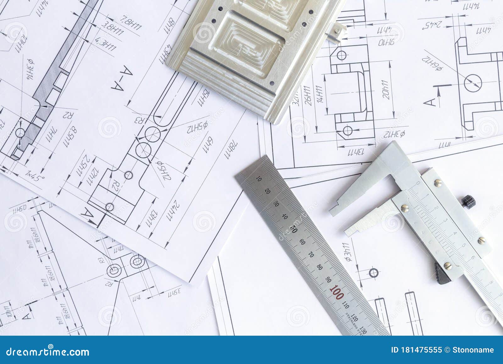 Top View of a Caliper Measuring Tool, Ruler and Detail Drawings ...