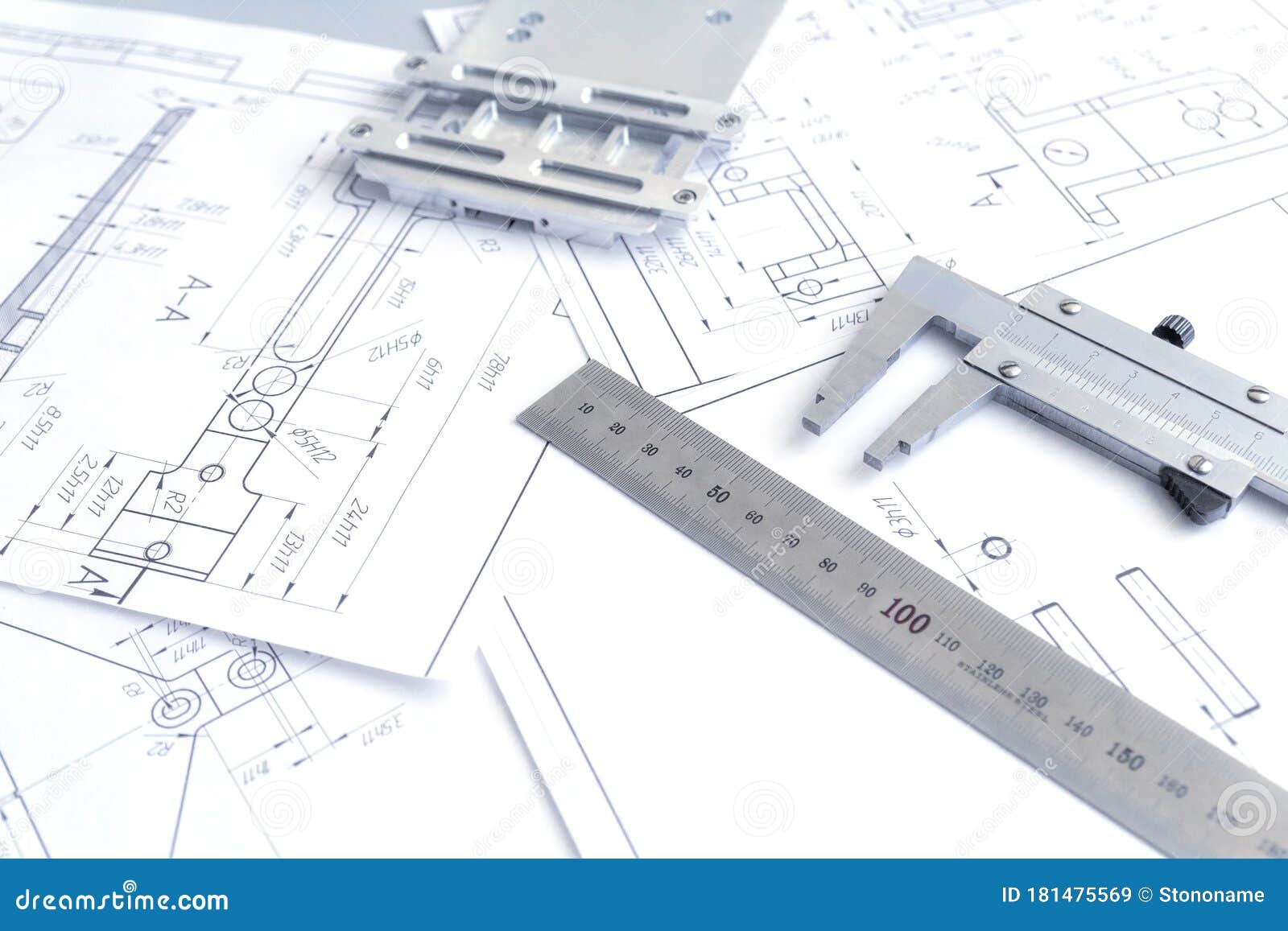 Top View of a Caliper Measuring Tool, Ruler and Detail Drawings ...
