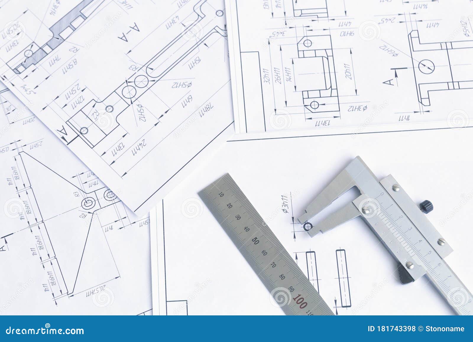 Top View of a Caliper Measuring Tool, Ruler and Detail Drawings ...