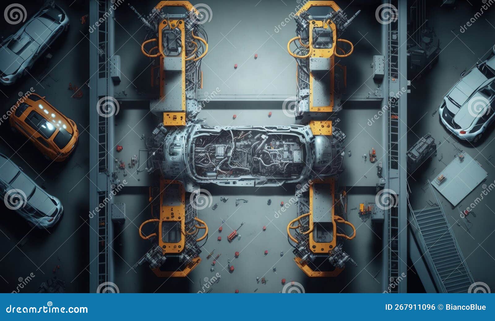 Top View Car Factory with Automated Robot Arm Assembly Line ...