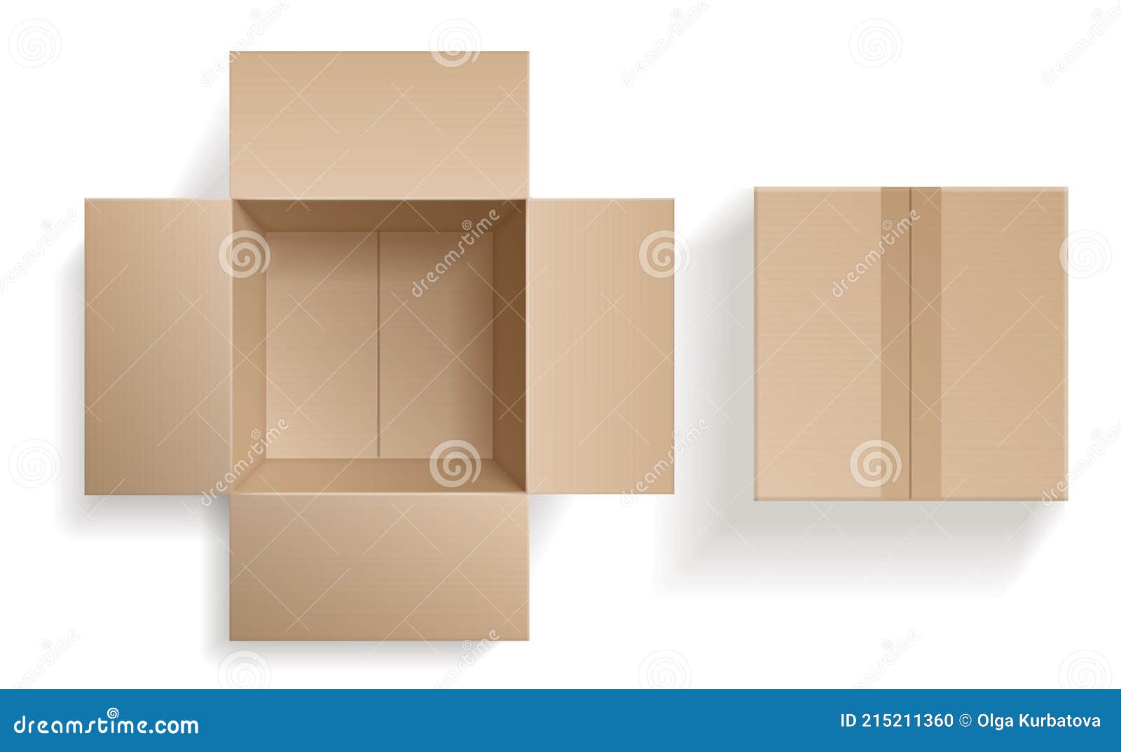 Top View Cardboard Box. Closed and Open Beige Boxes Inside and Top View ...