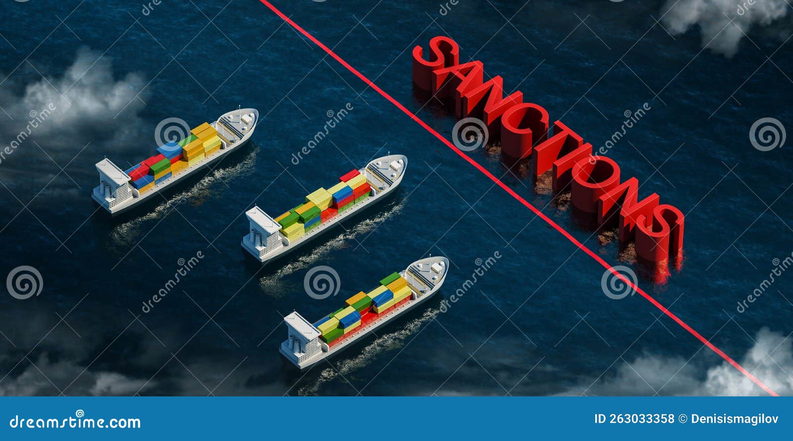 Top View of Cargo Ship with Containers and Restriction Line, Sanctions ...
