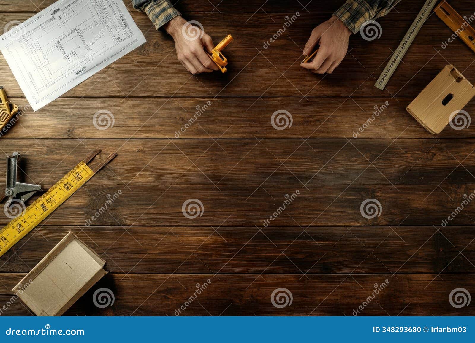 Top View of a Carpenter S Workspace with Tools and Blueprint Stock ...