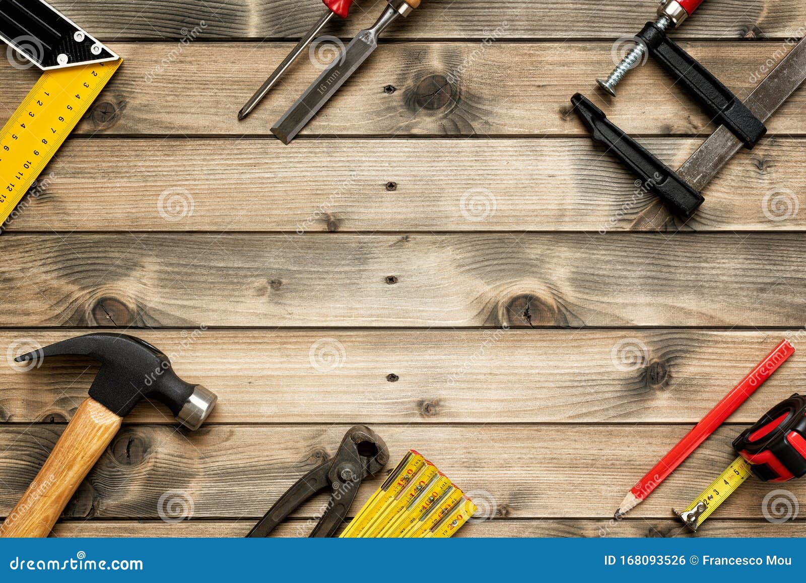 Work Tools for Carpenter on Wooden Background. Carpentry Stock Photo ...