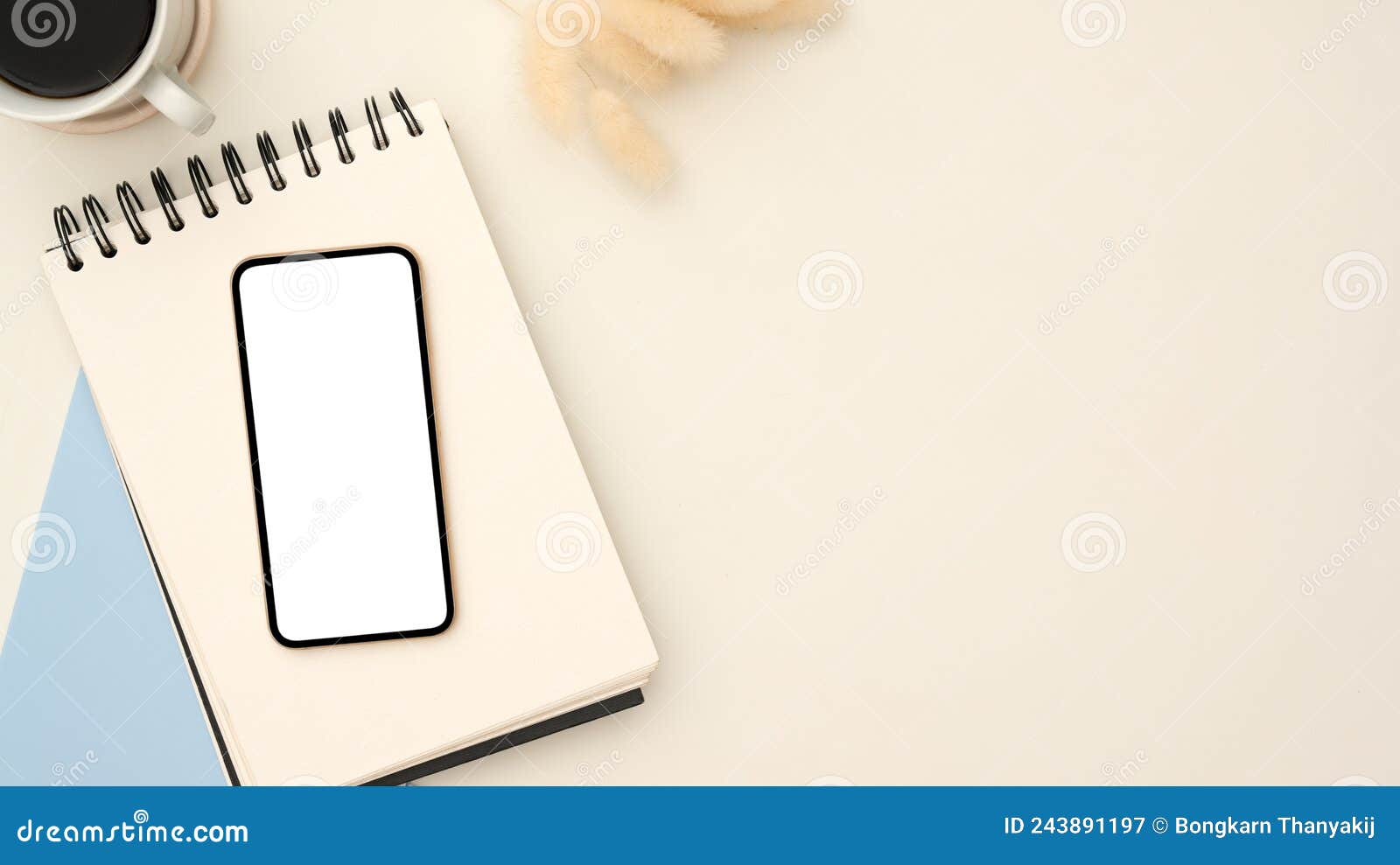 Top View, Cellphone or Smartphone Mockup and Copy Space on White Table ...