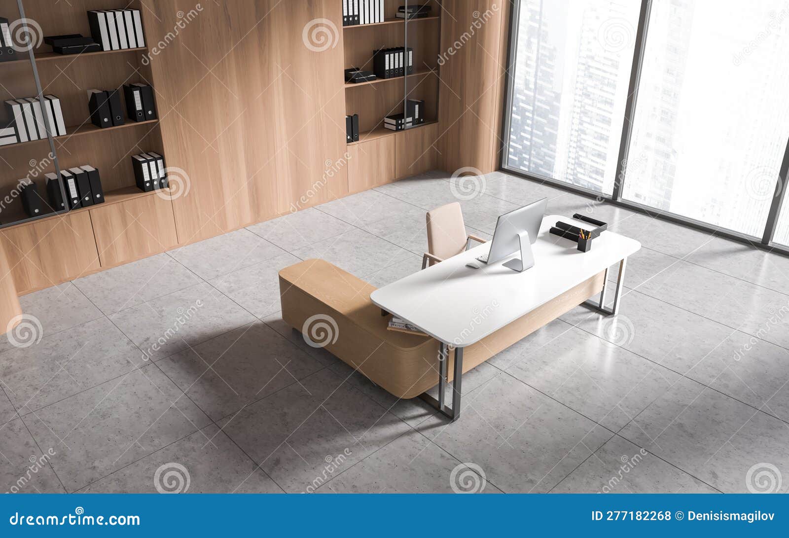 Top View of Ceo Interior with Workspace and Shelf, Panoramic Window ...
