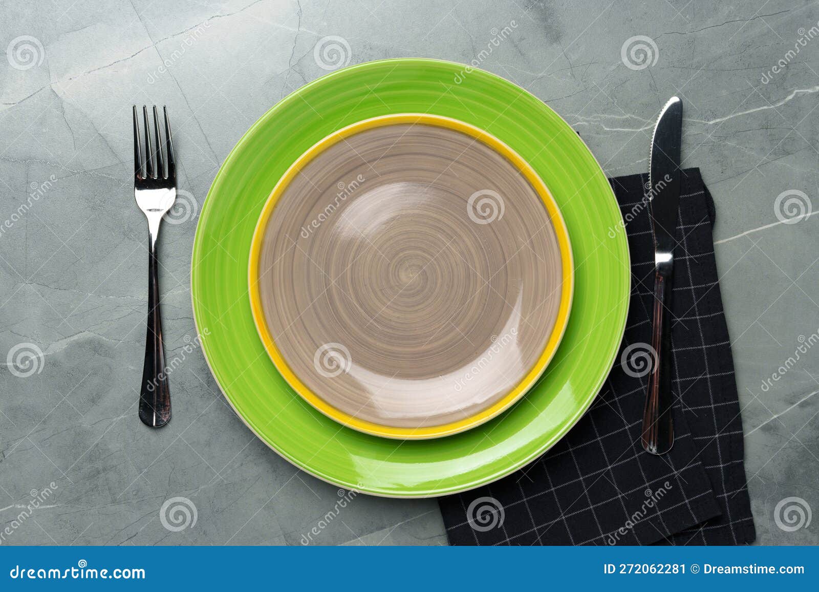 Top View of Ceramic Plate with Table Napkin on Gray Background Stock ...