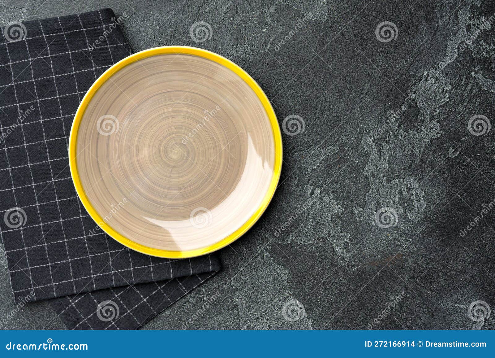 Top View of Ceramic Plate with Table Napkin on Gray Background Stock ...