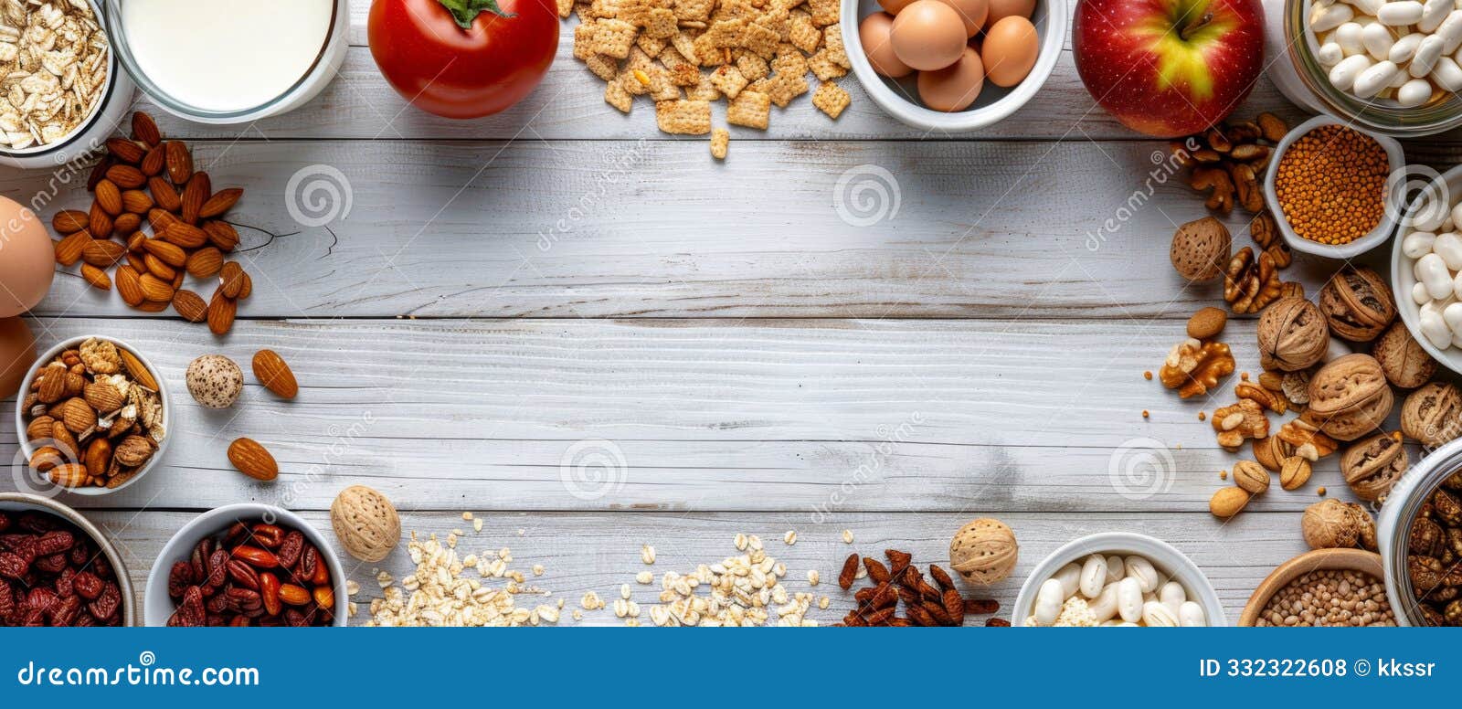 Top View of Cereal and Ingredients in Border Formation on White Wood ...