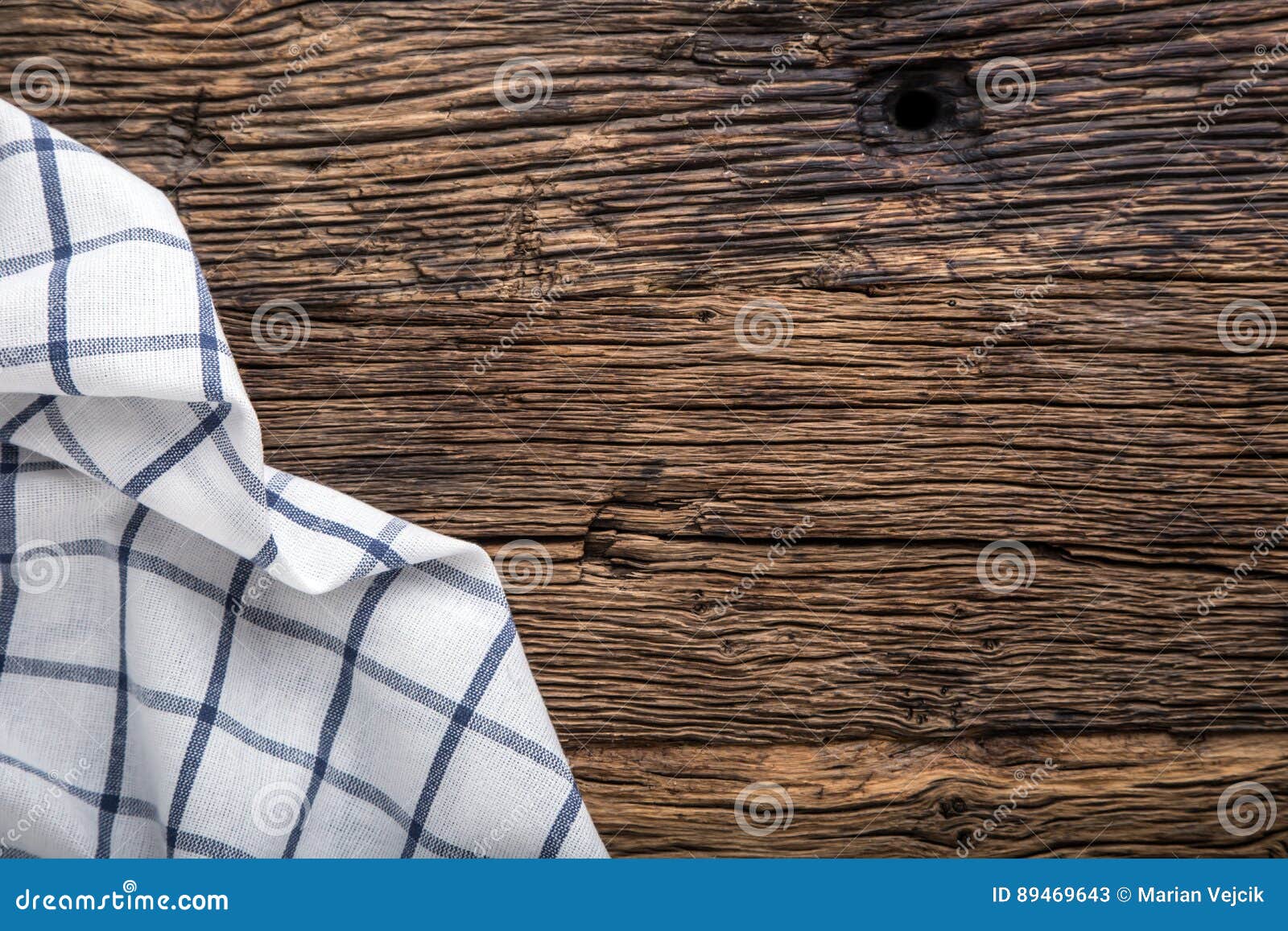 Top View of Checkered Tablecloth or Napkin on Empty Wooden Table Stock ...