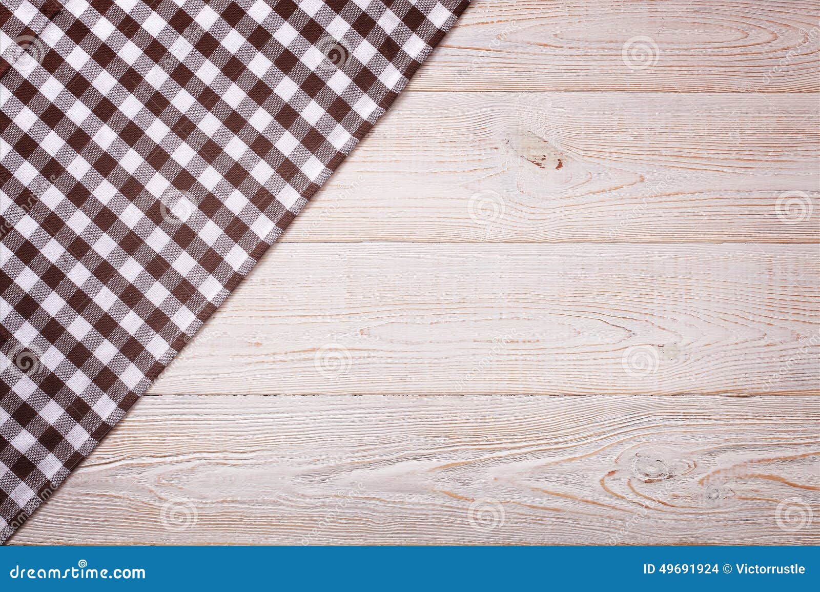 Top View of Checkered Tablecloth on White Wooden Table. Stock Photo ...