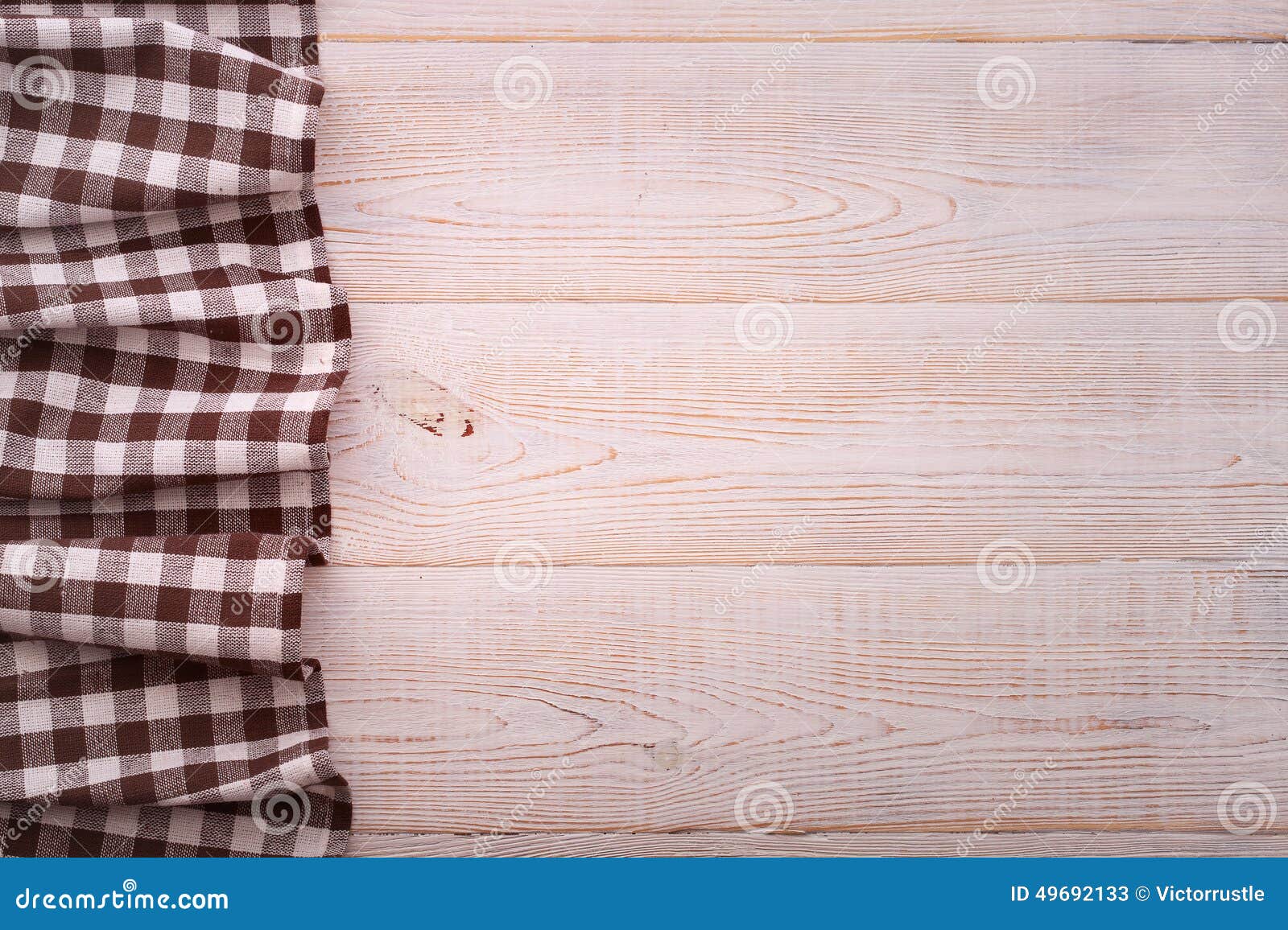 Top View of Checkered Tablecloth on White Wooden Table. Stock Image ...