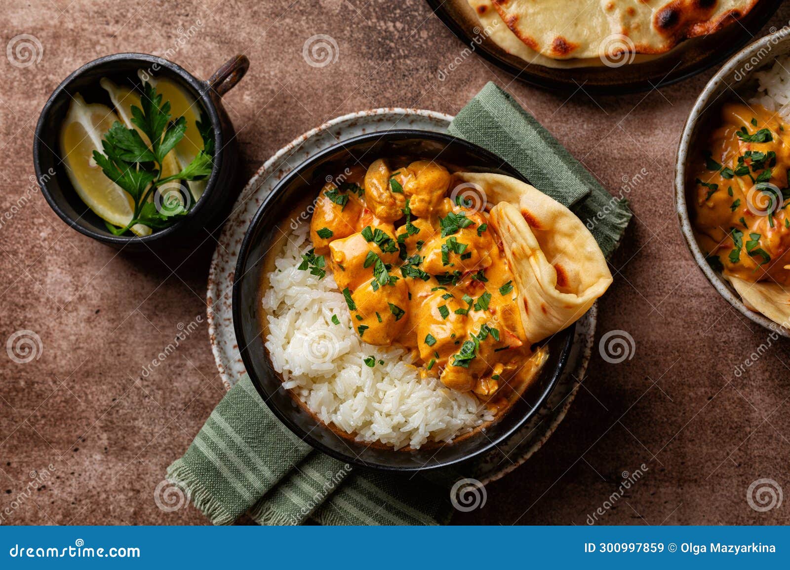 Top View of Chicken Curry with Long Rice and Naan Bread. Stock Image ...