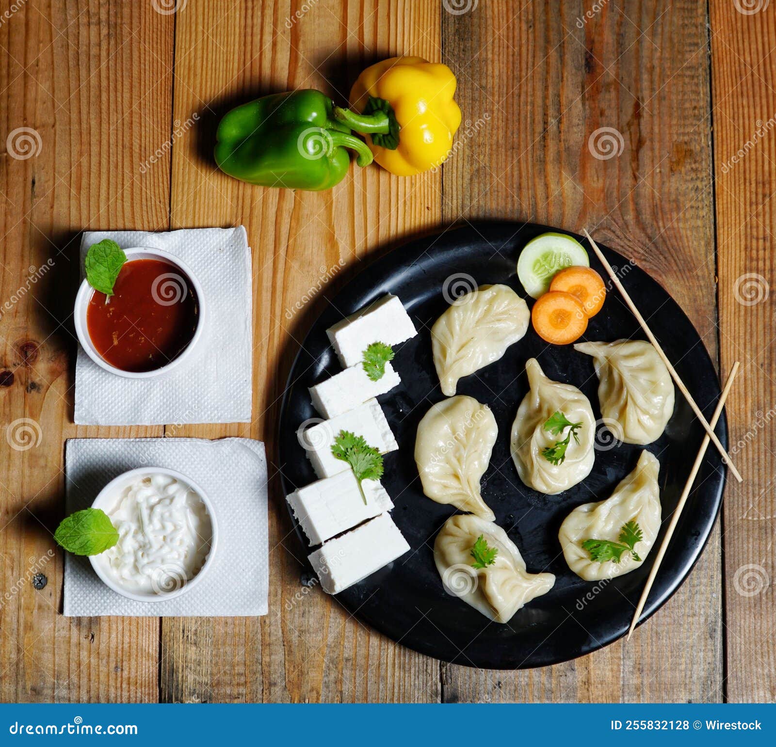 Top View of Chicken Momos with Sauces Stock Photo - Image of nutrition ...