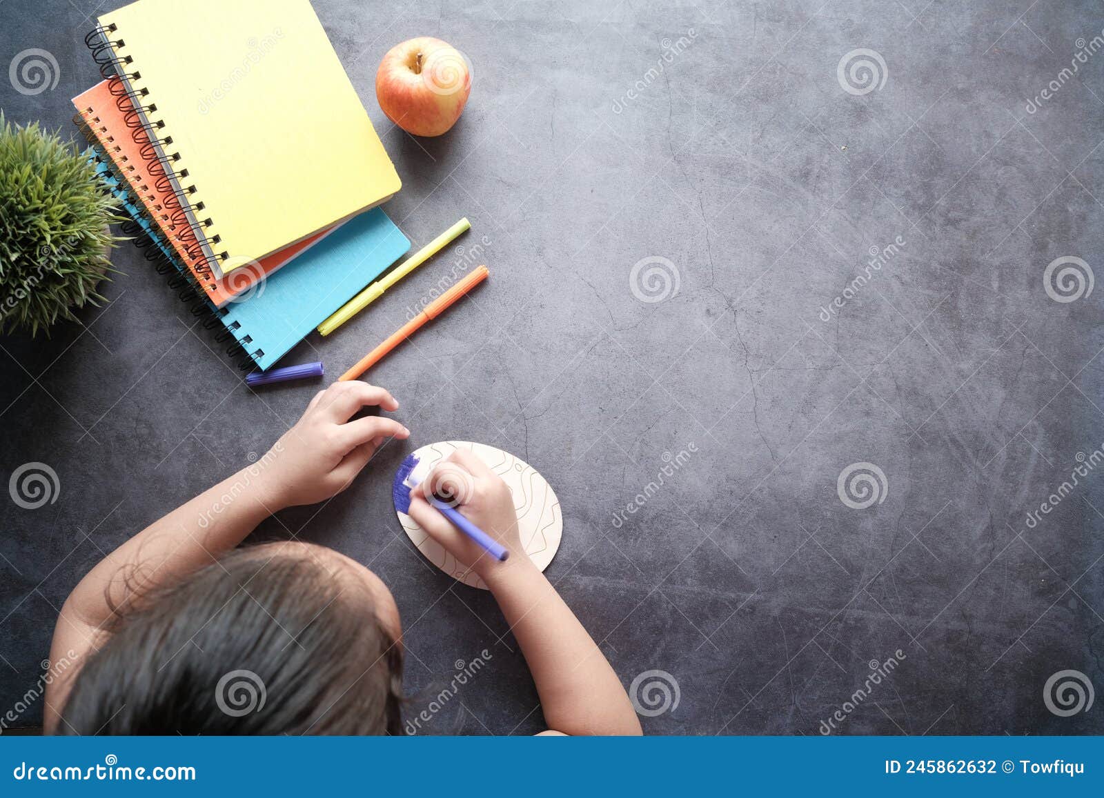 Top View of Child Girl Drawing on Table Stock Photo - Image of artist ...