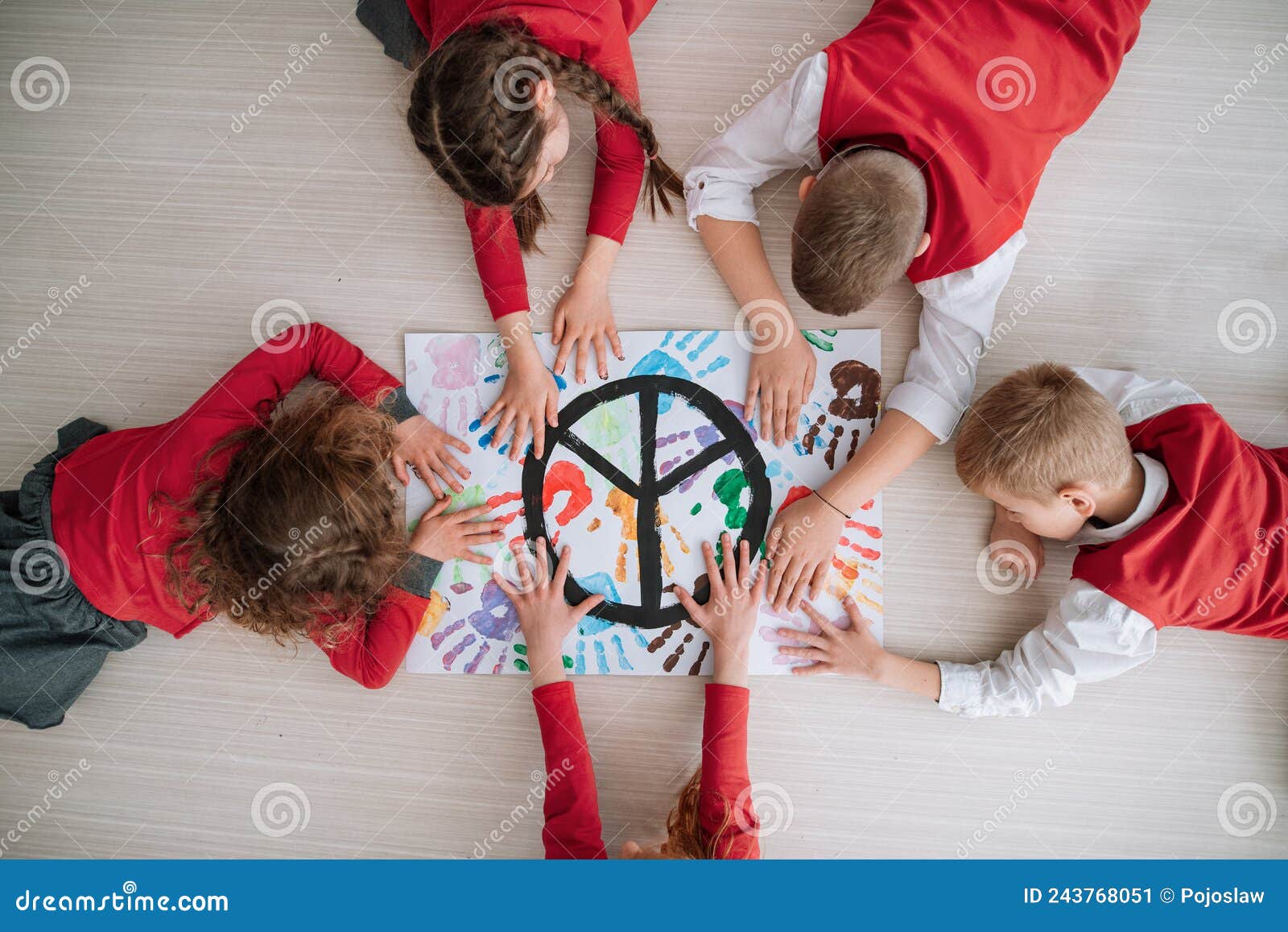 Top View of Children Making a Poster of Peace Sign at School. Stock ...