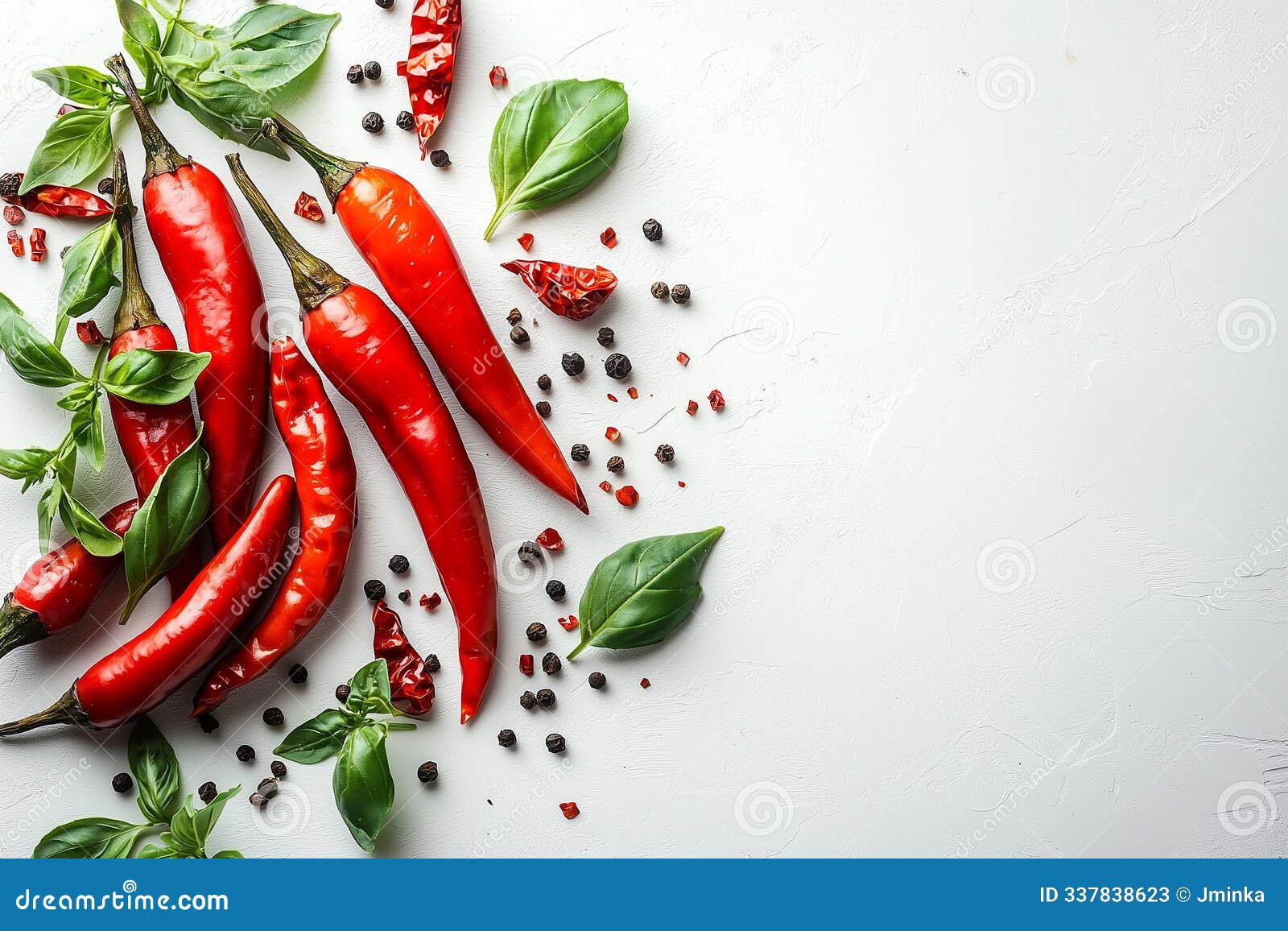 Top View of Chilli Peppers, Leaves and Peppercorns on White Plaster ...
