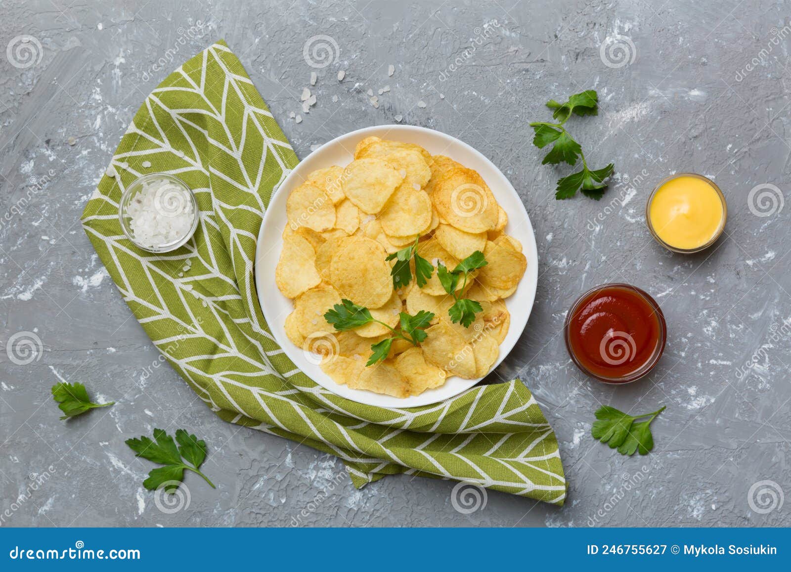 Top View Chips with Sause in Bowl on Colored Background, Top View with ...